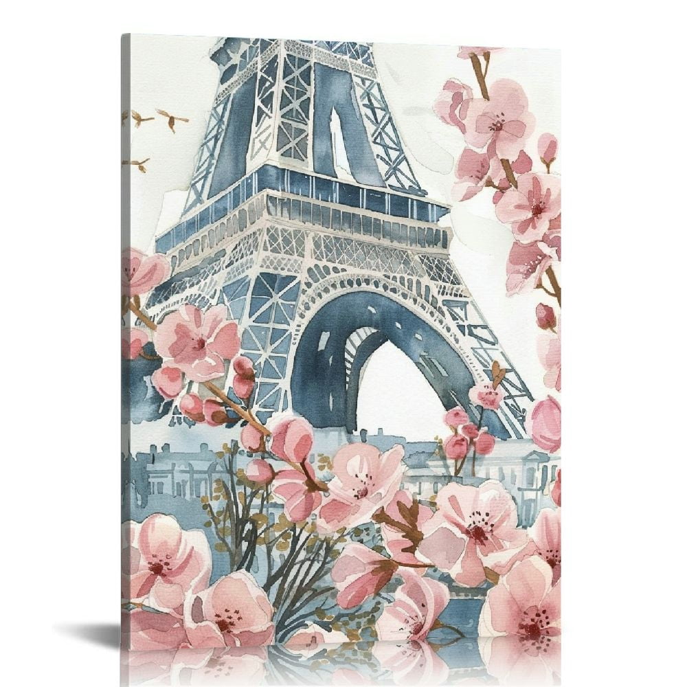Shadudu Paris Flowers Eiffel Tower Pink Blue Watercolor Painting Wall ...