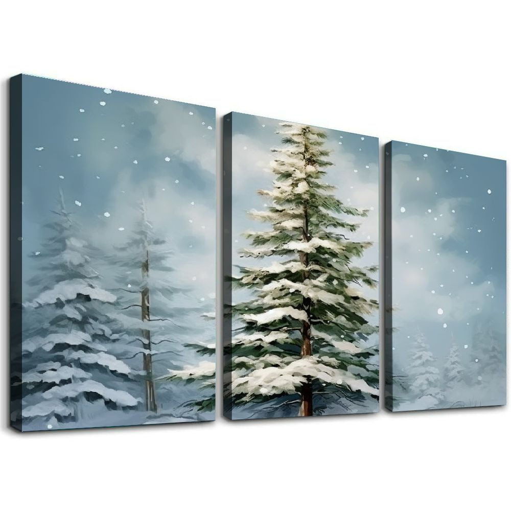 Shadudu Snowy Pine Tree Triptych Canvas Wall Art Set - Home Office Decor Prints for Living Room ...