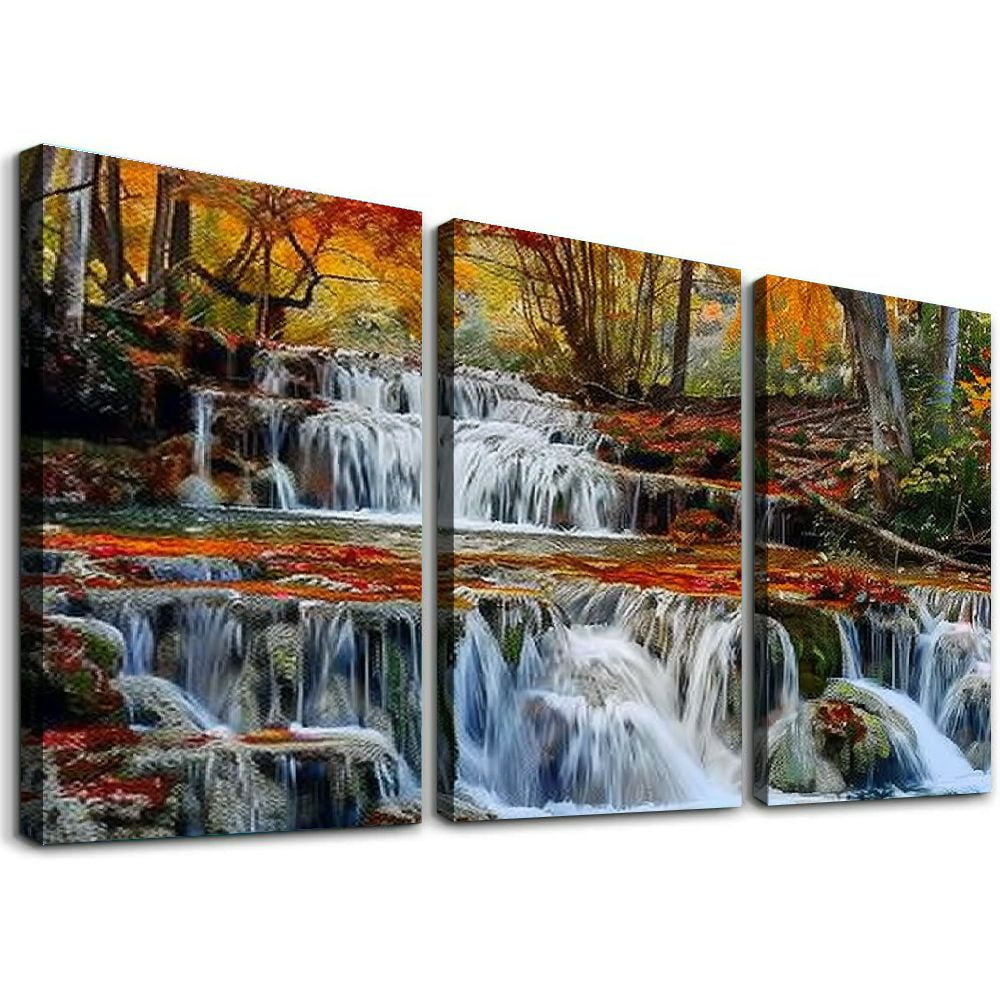 Shadudu Waterfall Fall Foliage Canvas Wall Art Triptych Set for Living ...