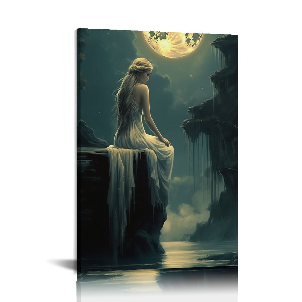 Shadudu Witch Waterfall and Moon Print Painting，Moody Victorian Girl ...