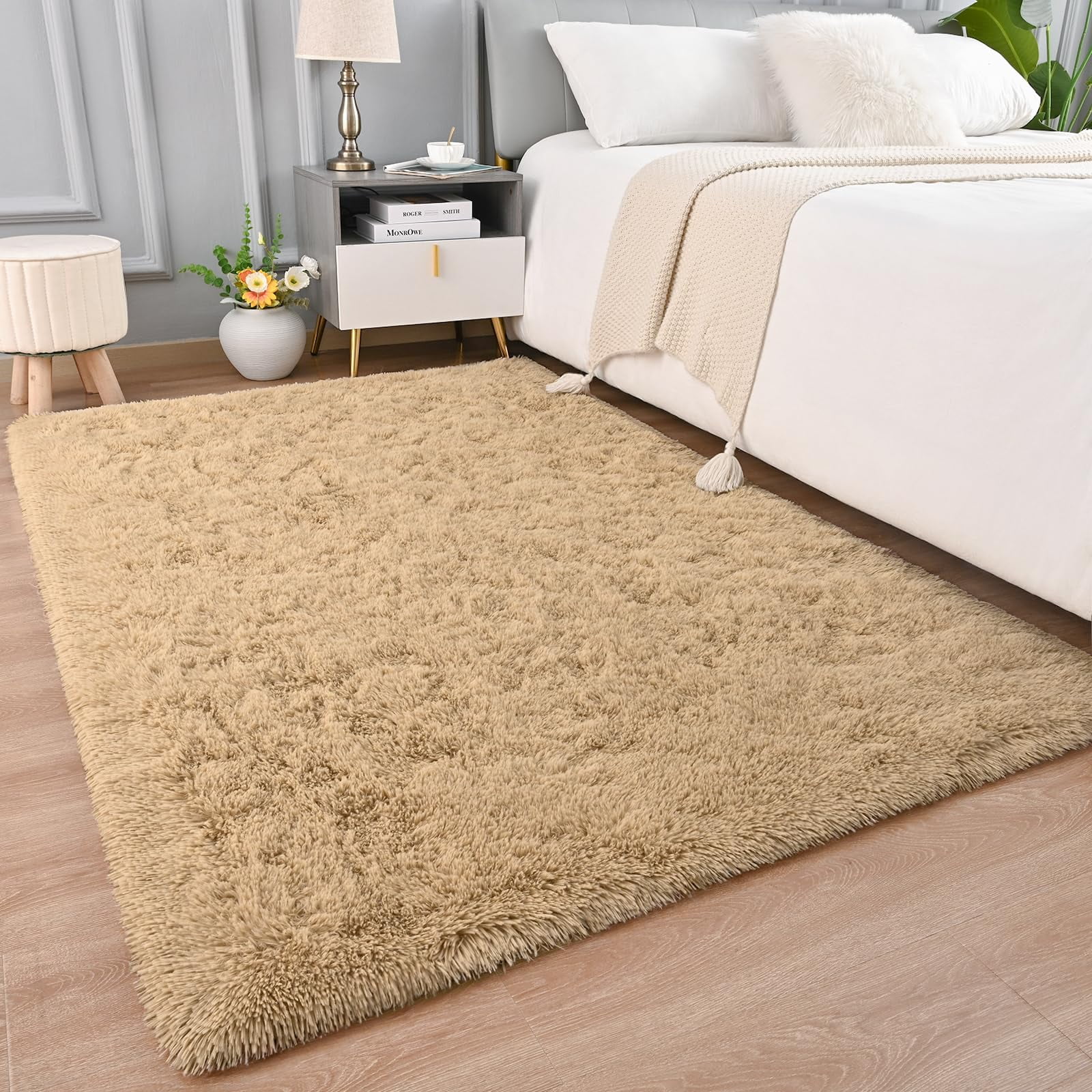 Shag Beige Area Rug for Bedroom, 4x6 Feet Washable Rugs for Living Room ...