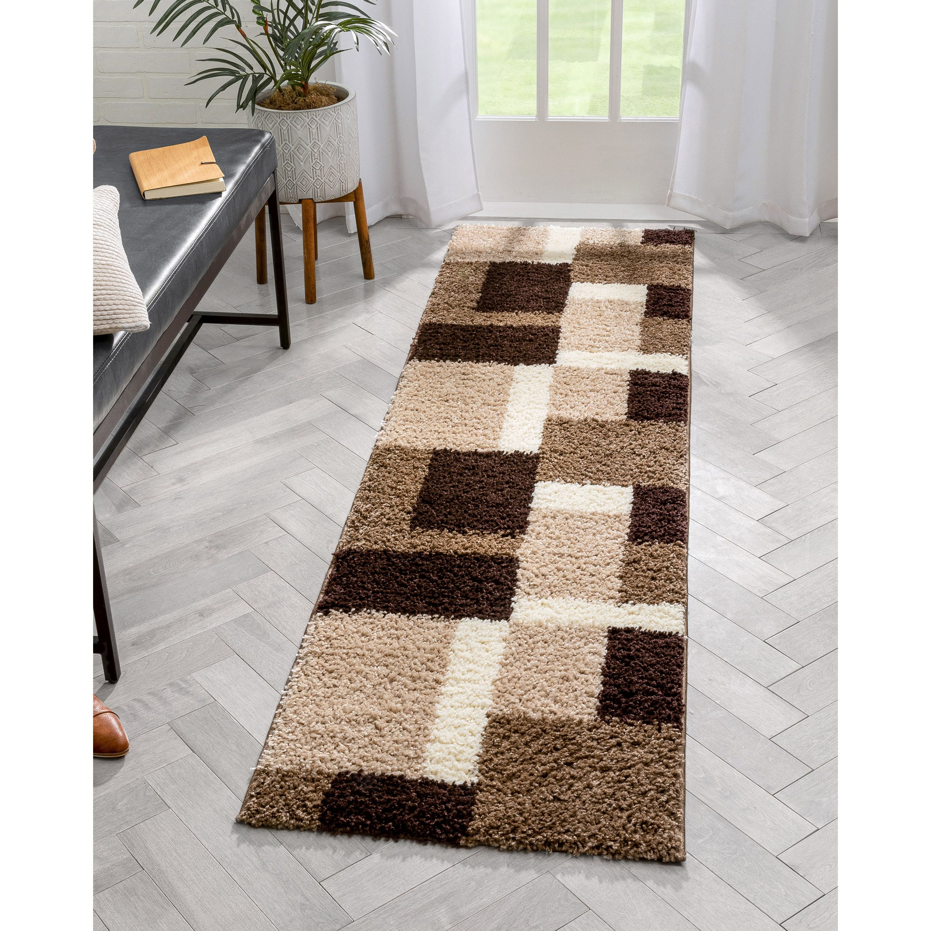 Shag Cubes Modern Brown Plush Geometric Blocks & Squares 2x7 ( 2'3" x 7 ...