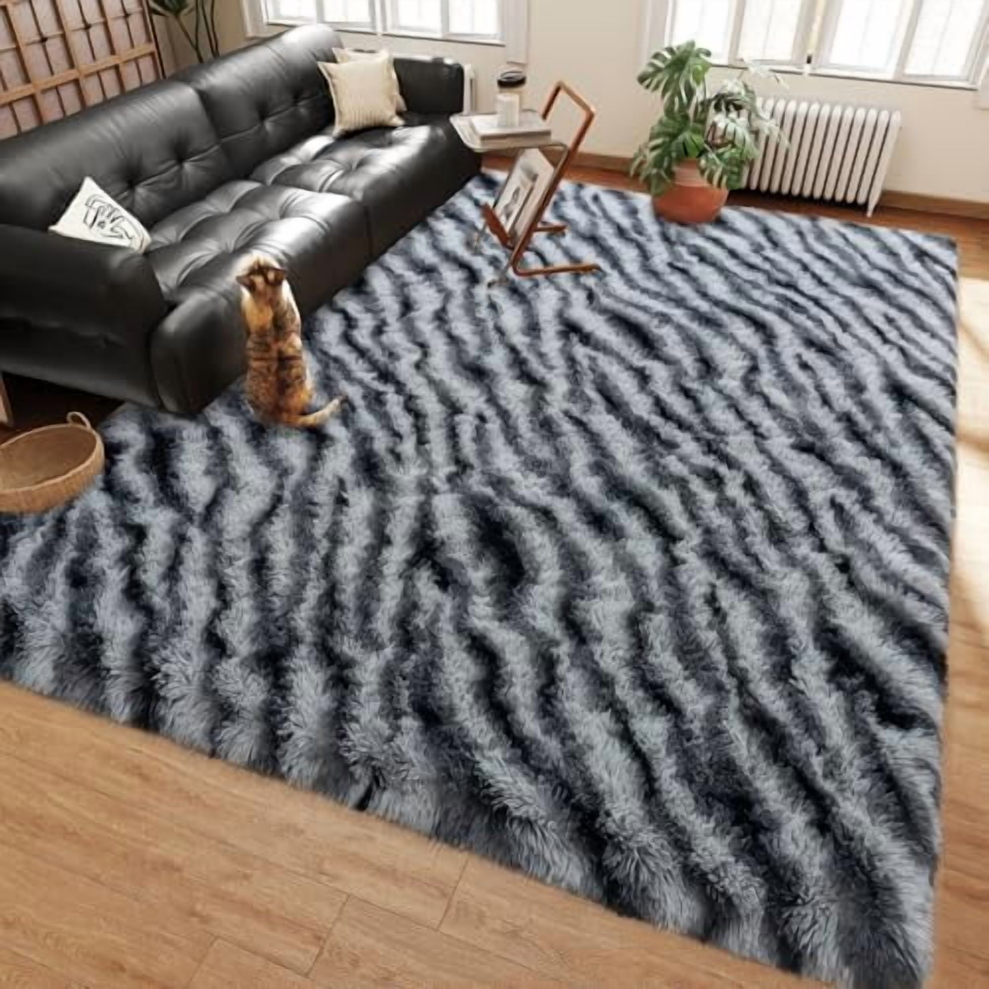 Shag Living Room Rug 5x7 Zebra Black White, Ultra Soft Luxury Shaggy ...