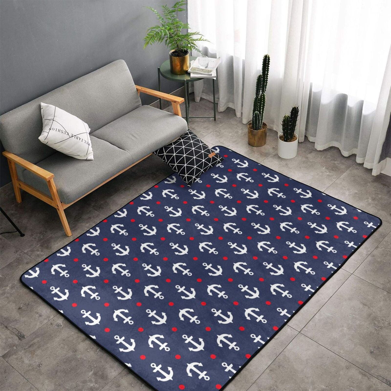 Shaggy Area Rug, Dark blue anchors red dots Rugs for Living Room ...