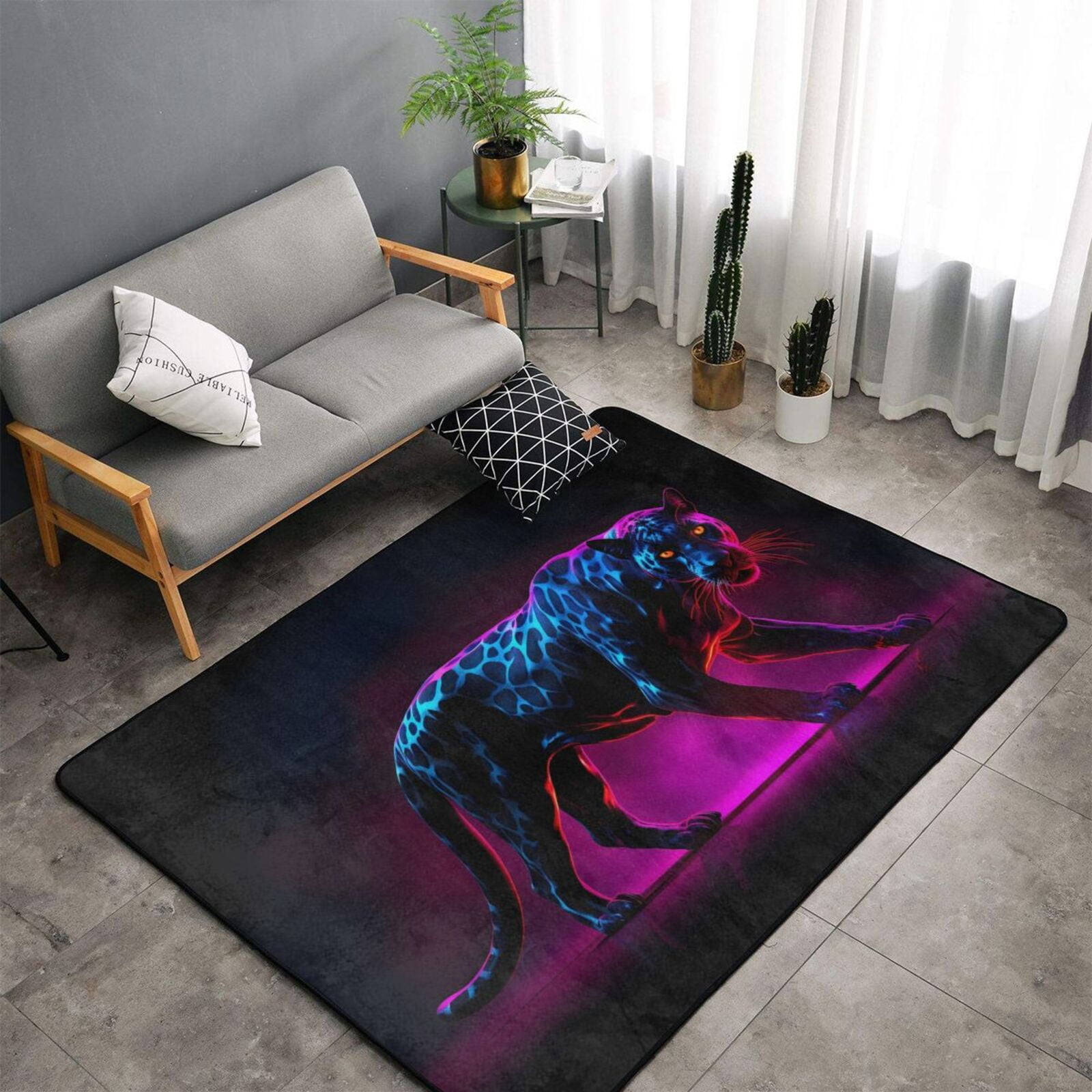 Shaggy Area Rug, Futuristic Purple Panther A、 Rugs for Living Room ...