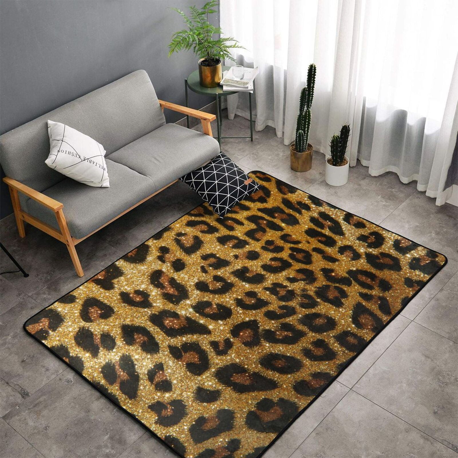 Shaggy Area Rug, Golden Leopard Glitter Rugs for Living Room Bedroom ...