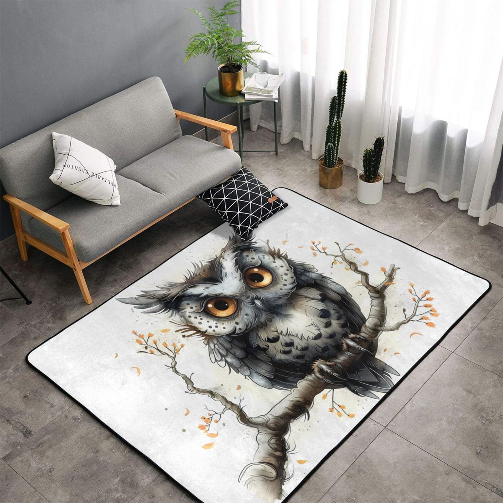 Shaggy Area Rug, Whimsical Owl On Branch Rugs for Living Room Bedroom ...