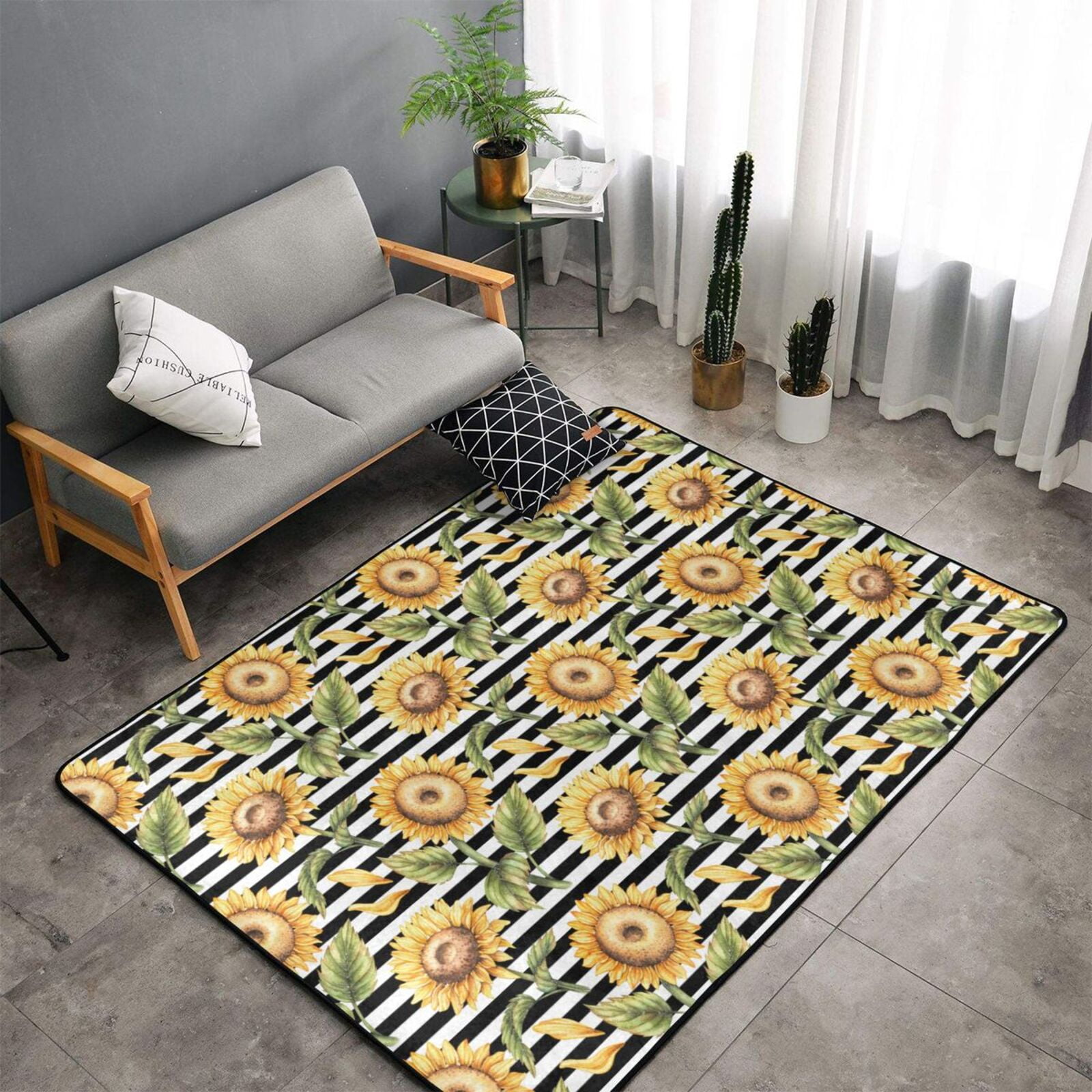 Shaggy Area Rug, sunflowers striped black white Retro Rugs for Living ...