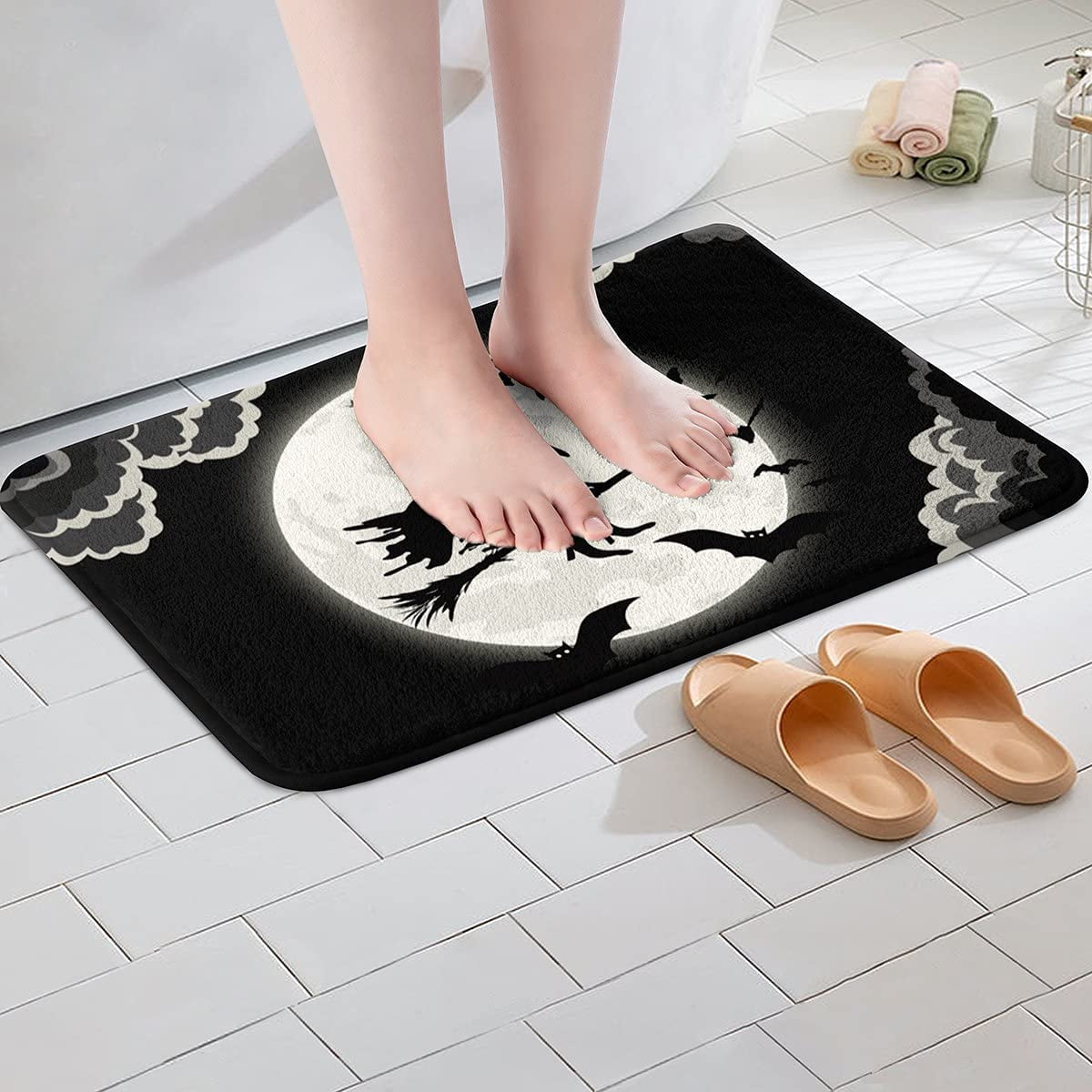 Shaggy Bathroom Mat,Bright Moon Bath Rug Soft Fluffy,Flying Witch with ...
