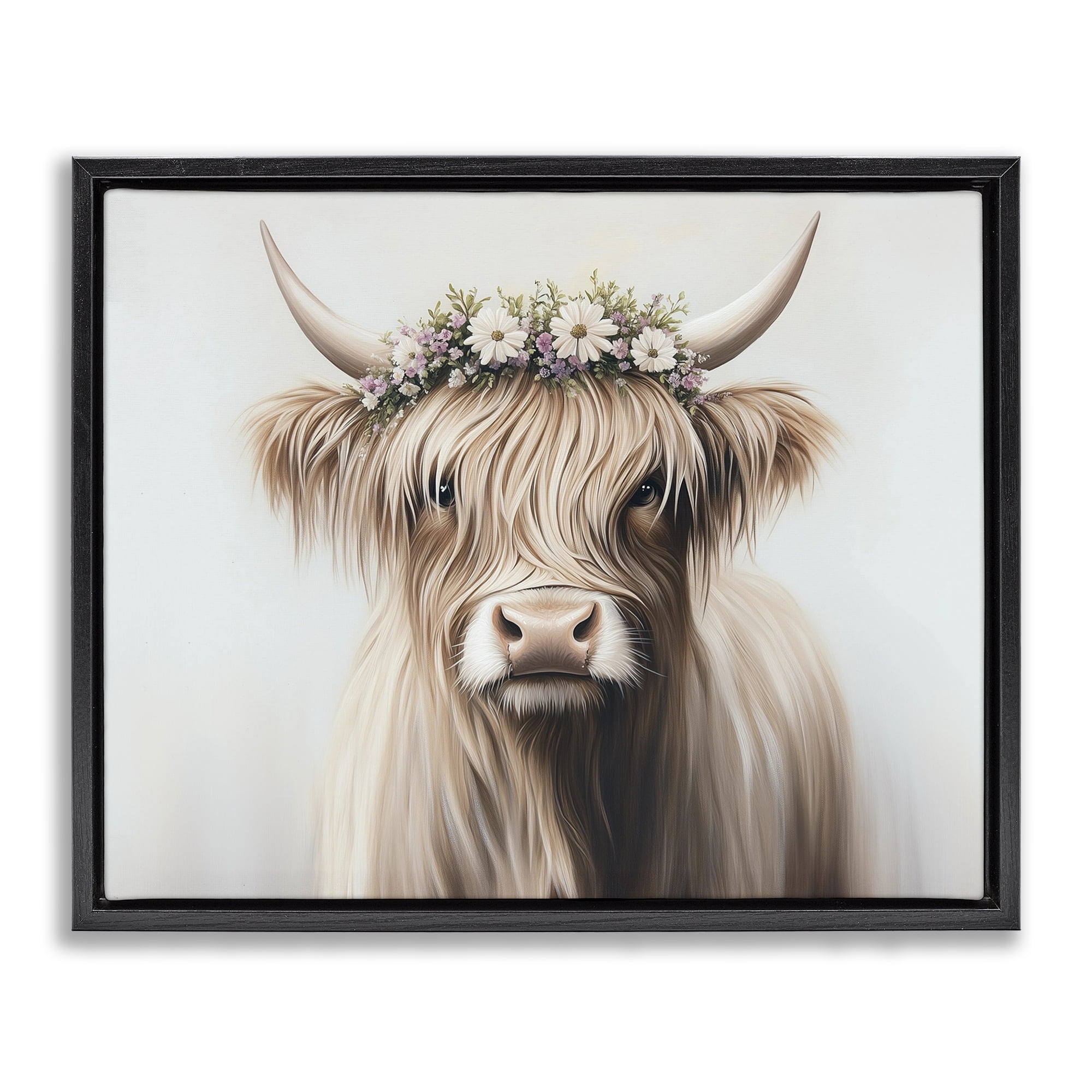 Shaggy Cattle Floral Crown Black Framed Floater Canvas Wall Art, design ...