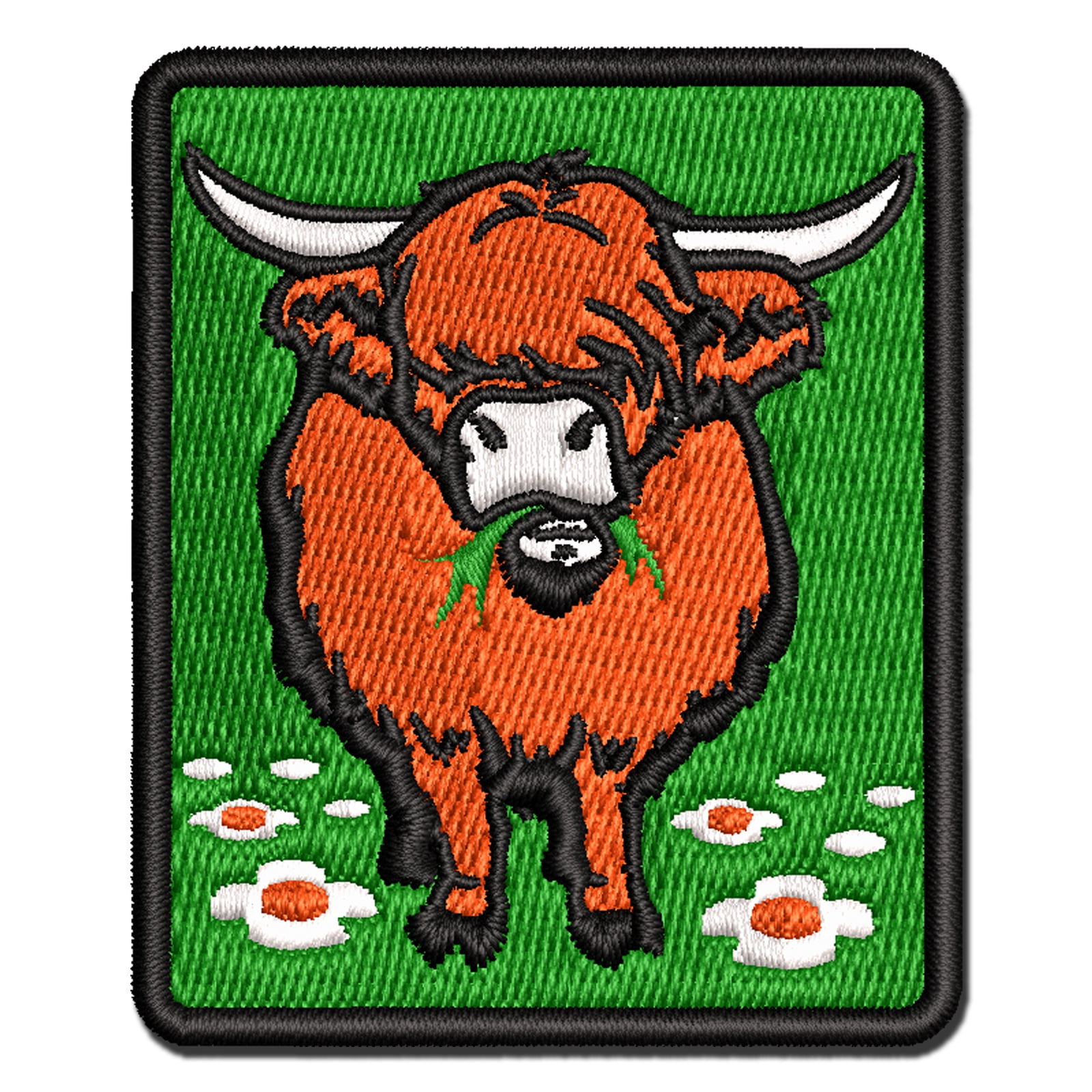 Shaggy Highland Cow Eating Grass Applique Multi-Color Embroidered Iron ...