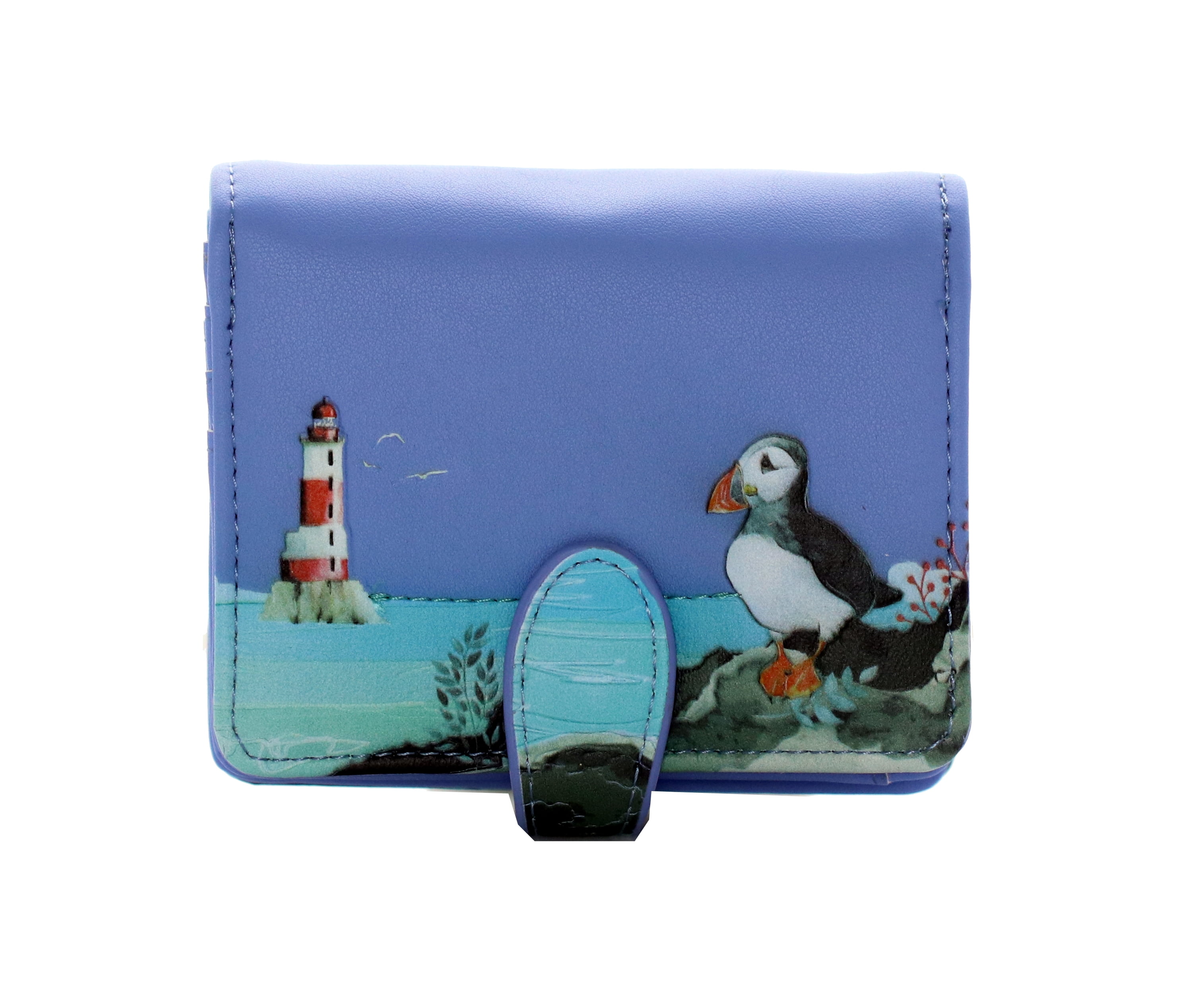Shagwear Puffin Pattern Small Zipper Women's Wallet, Blue Faux Leather ...
