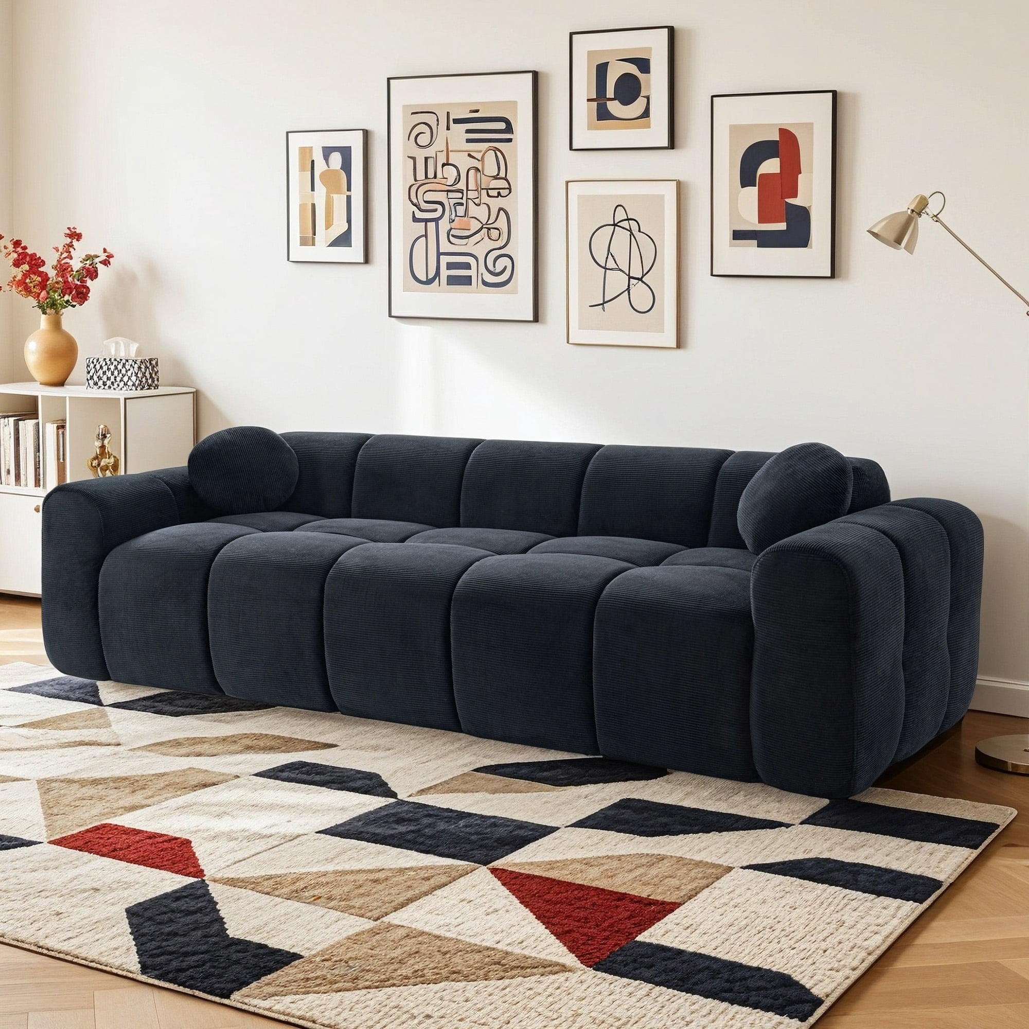 Shaiaield 98" Black Large Boneless Couch with 2 Throw Pillows,Modern ...