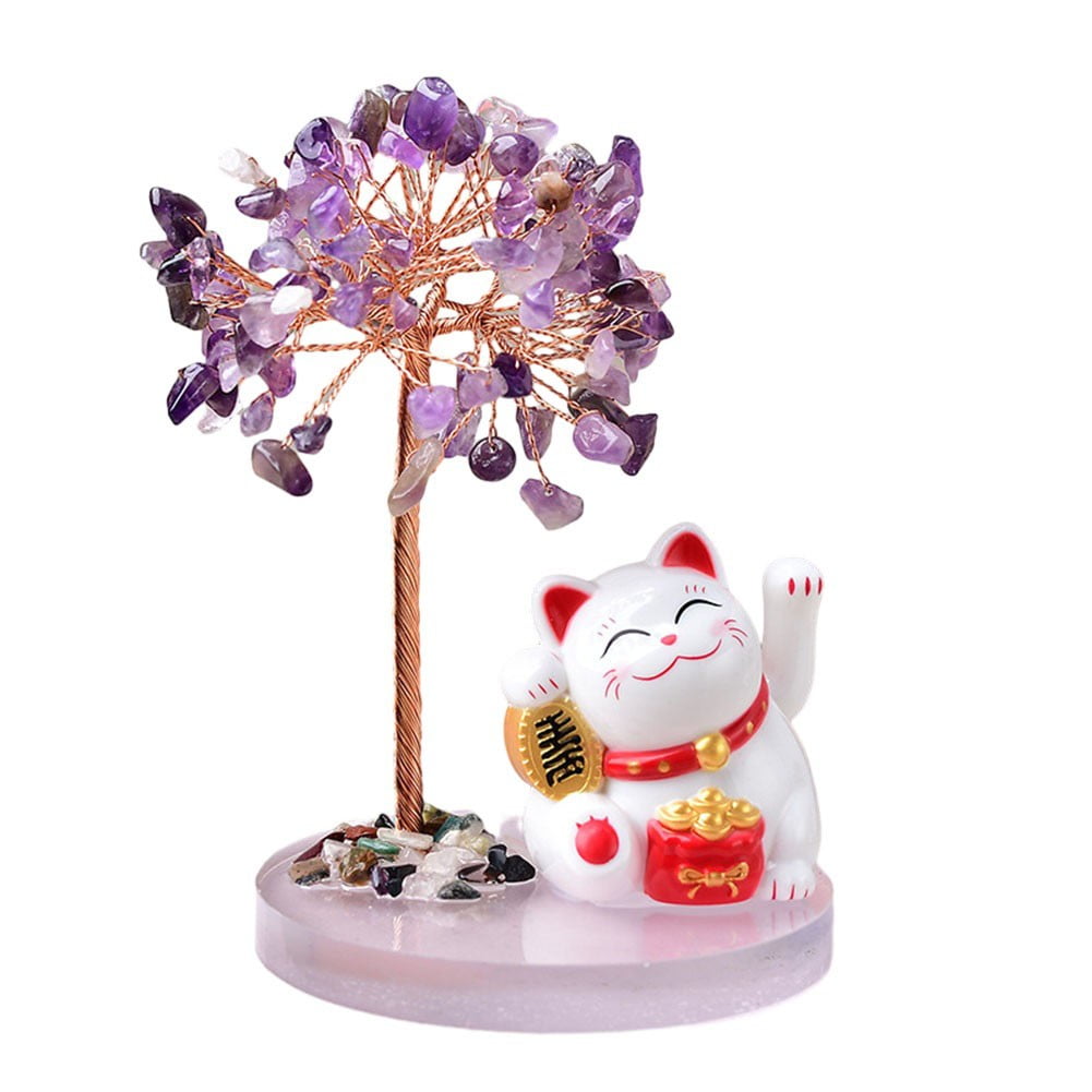 Shake Hands Lucky Cat Fate Tree, Natural Crystal Crushed Stone Feng ...