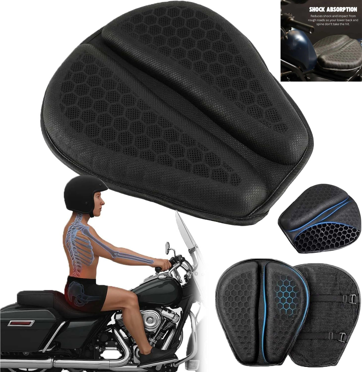 Shake Rider Cushion - Motorcycle Gel Seat Pad, 3D-Honeycomb, Shock ...