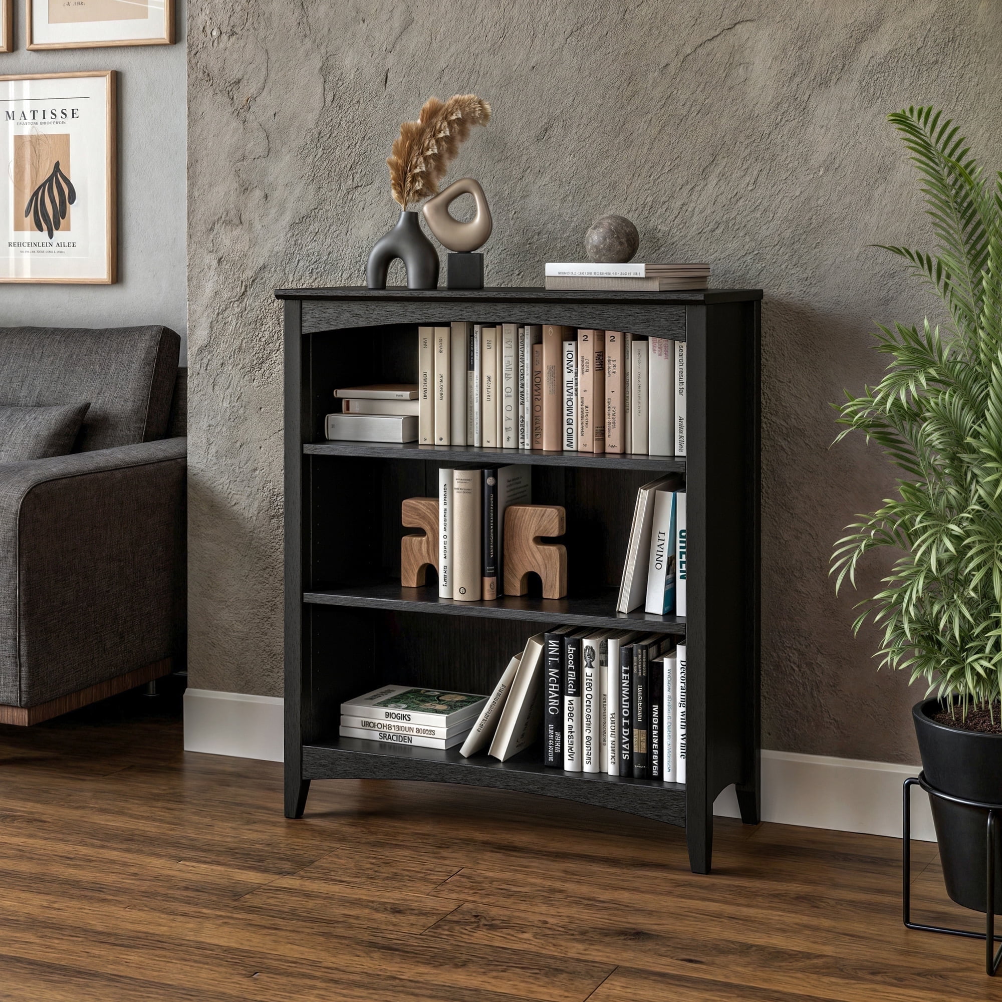 Camaflexi 36” Shaker Style 3-Shelf Wooden Bookcase Closed Back Storage ...