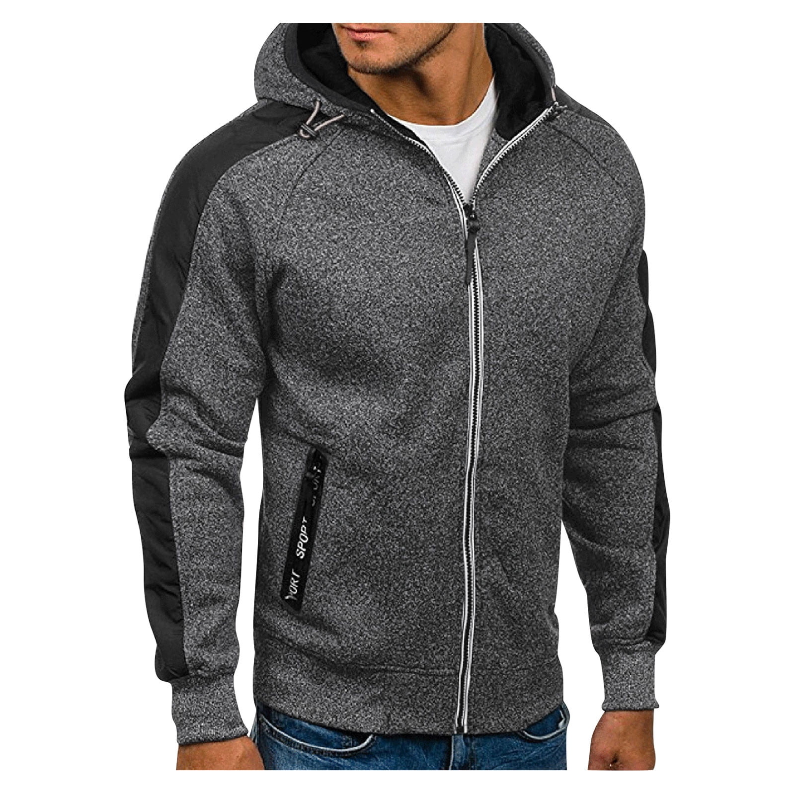 Shakumy Mens Zipper Hoodie Sleeve Patchwork Hooded Long Casual Slim ...