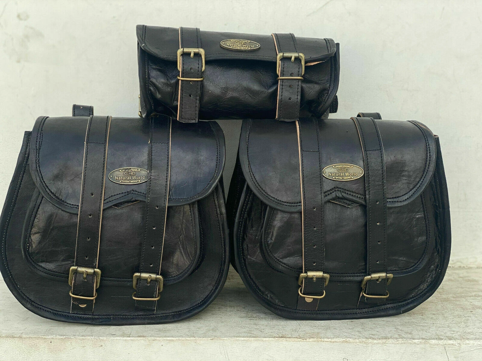 Shakun Leather New Leather Black Motorcycle Combo Saddle 3 Bags ...