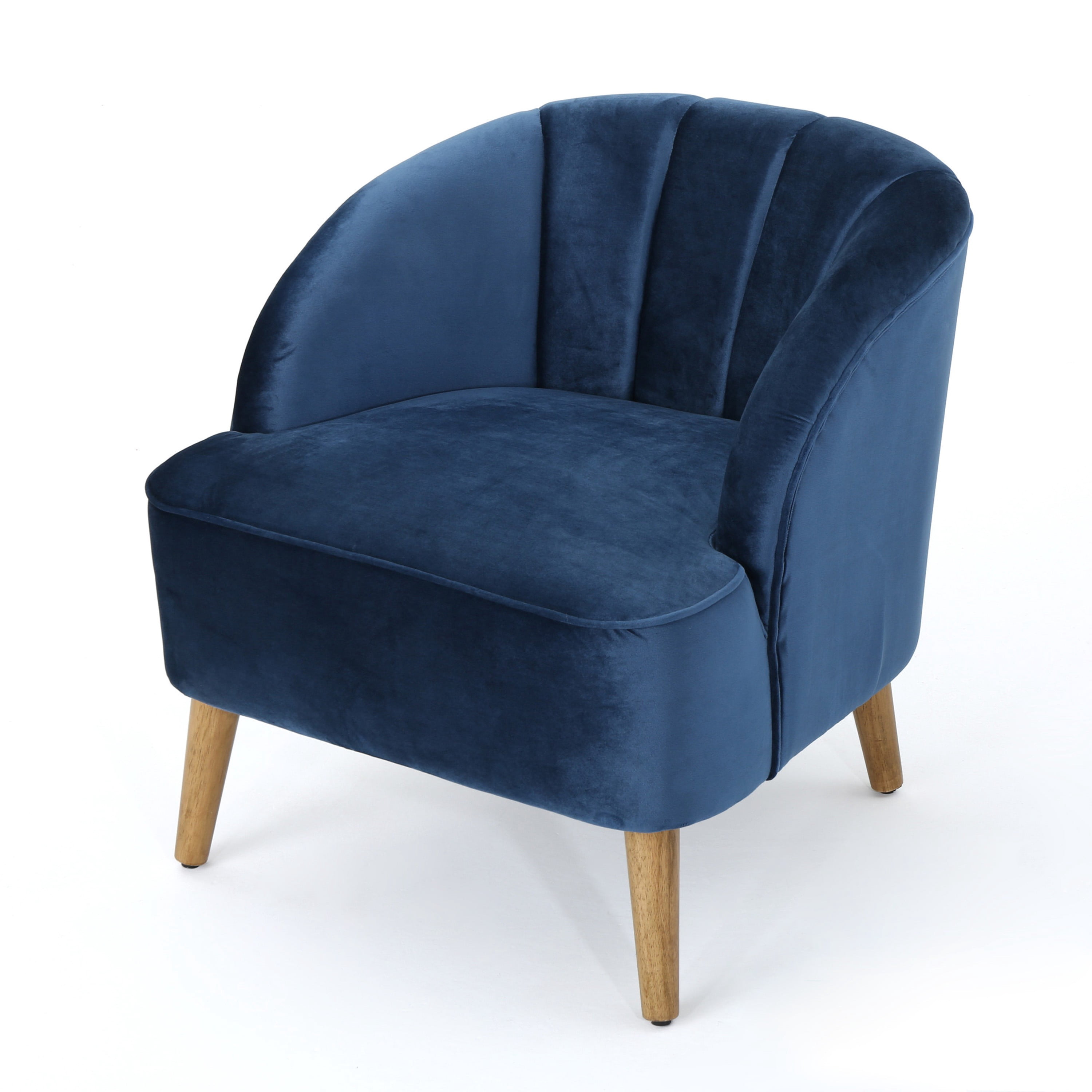 Shale Accent Chair, Navy Blue Velvet, Curved Backrest, Brown Wood Legs ...