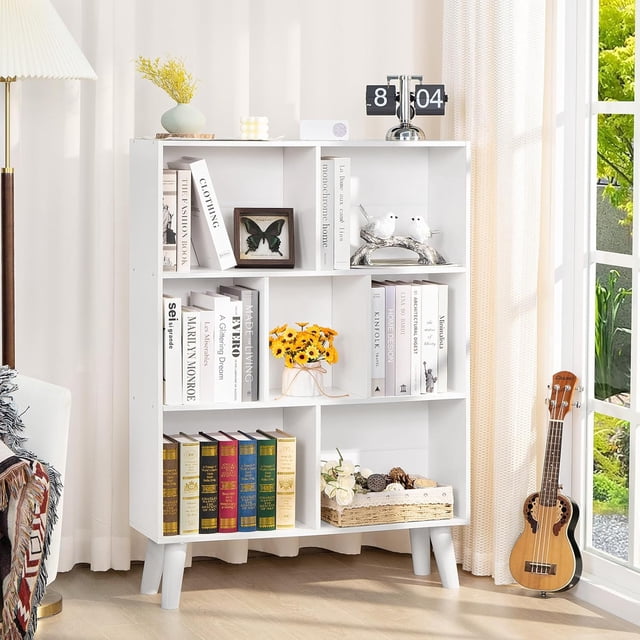 Shallow Bookshelf with Legs, 3 Tier Standing Book Shelf, 7 Cube Open ...