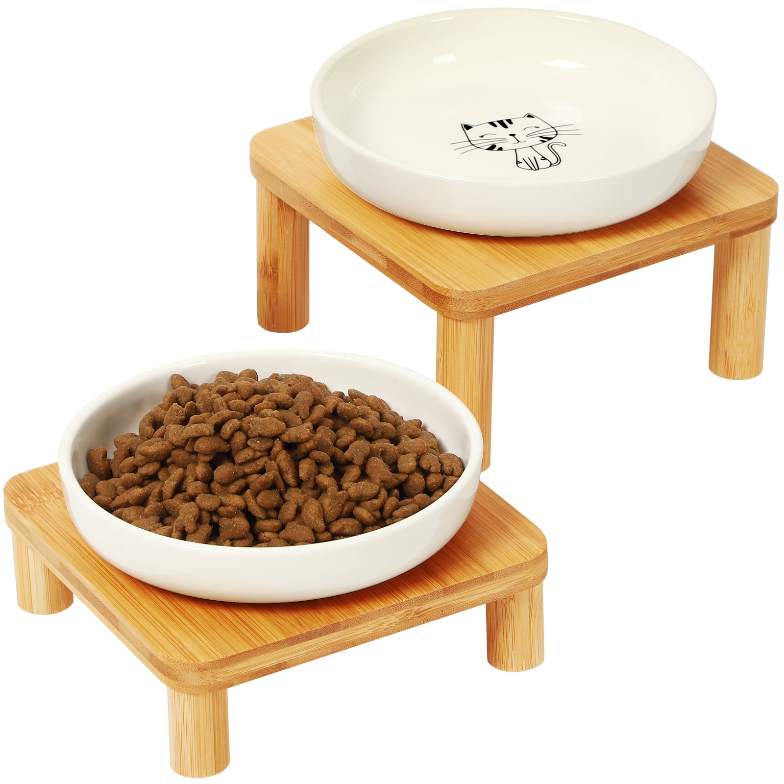 Shallow Elevated Cat Bowls with Bamboo Stand, 5.9 Inch Wide Ceramic Cat ...