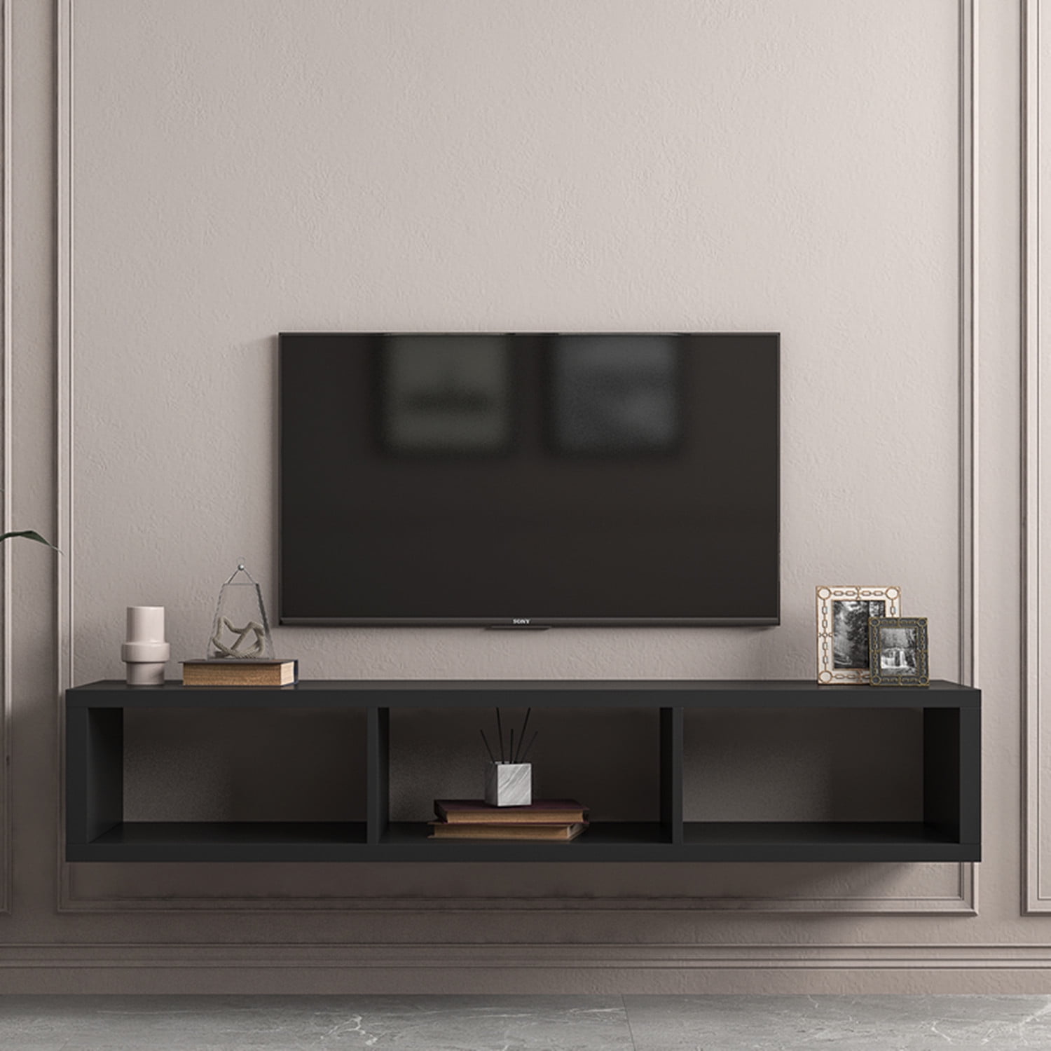 Shallow Floating TV Console, Wall Mounted Floating TV Stand with 3 Open ...