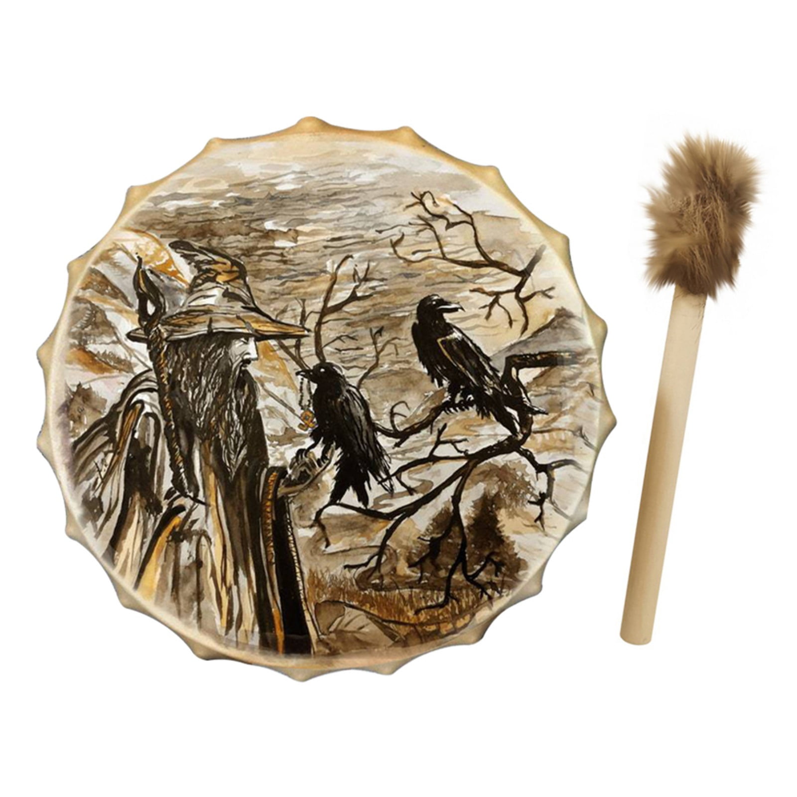 Shaman Drum, 10 Inch Old Man and the Crow Pattern Handmade Shaman Drum ...