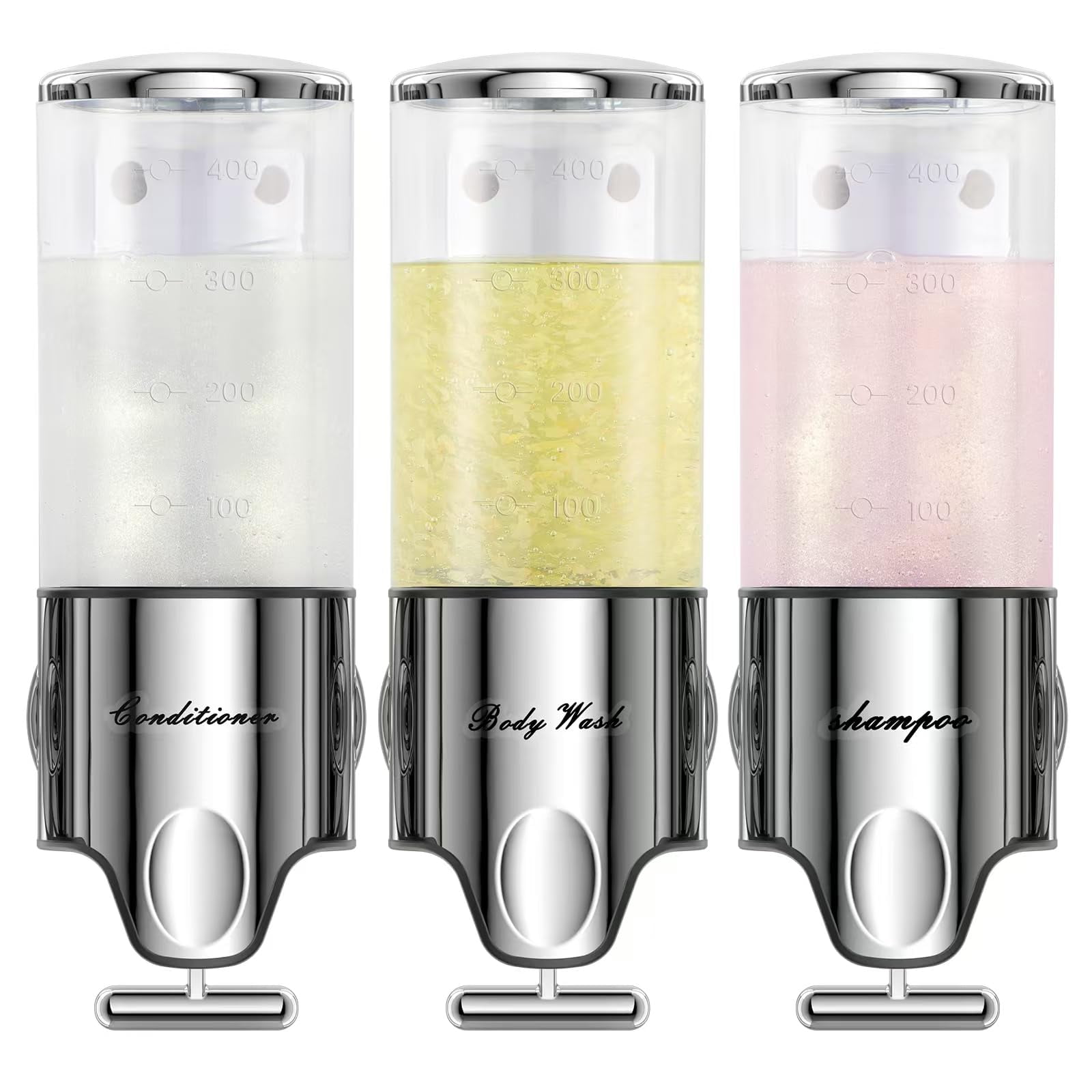 Shampoo Conditioner Body Wash Dispenser Wall Mount, 3 Chamber No Drill ...