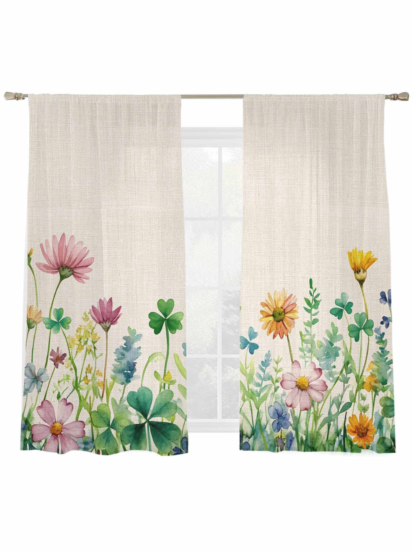 Shamrock Flowers Sheer Curtains 2 Panels Set Spring Floral Leaf Sheer ...