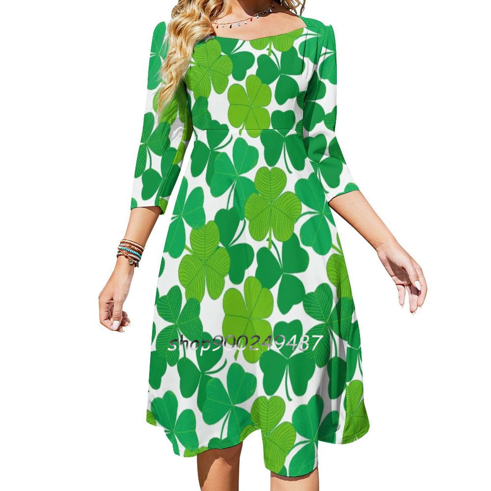 Shamrock Pattern Square Neck Dress New Plus Size Elegant Women Waist ...