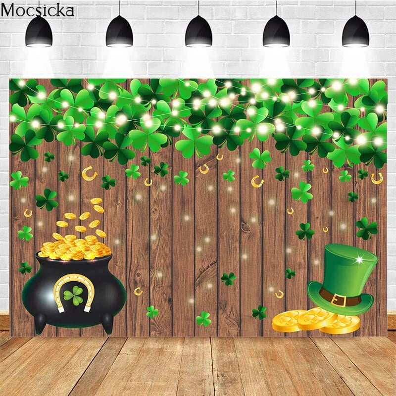 Shamrock Photography Background Gold Coin Light String Wooden Board ...