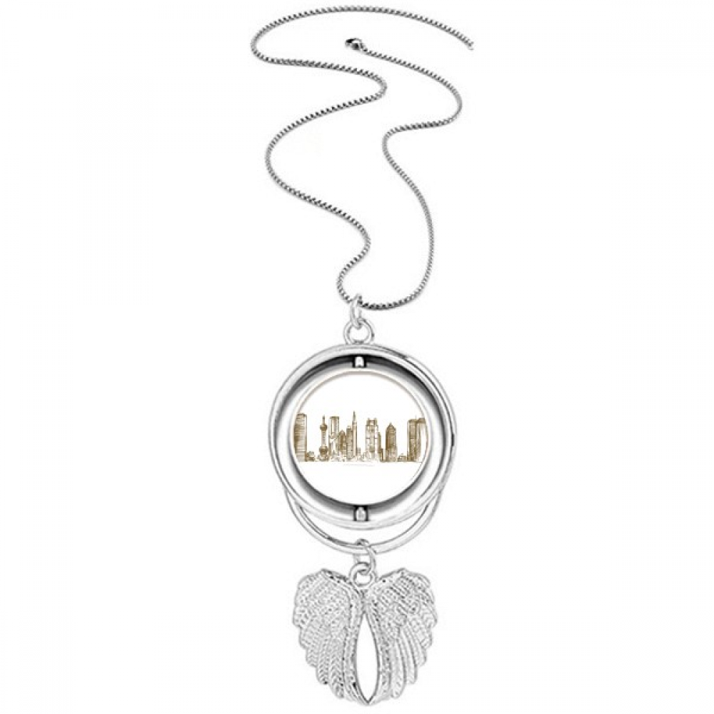 Shanghai China Landmark Sketch Pendant Angel Wings Rotating Necklace ...