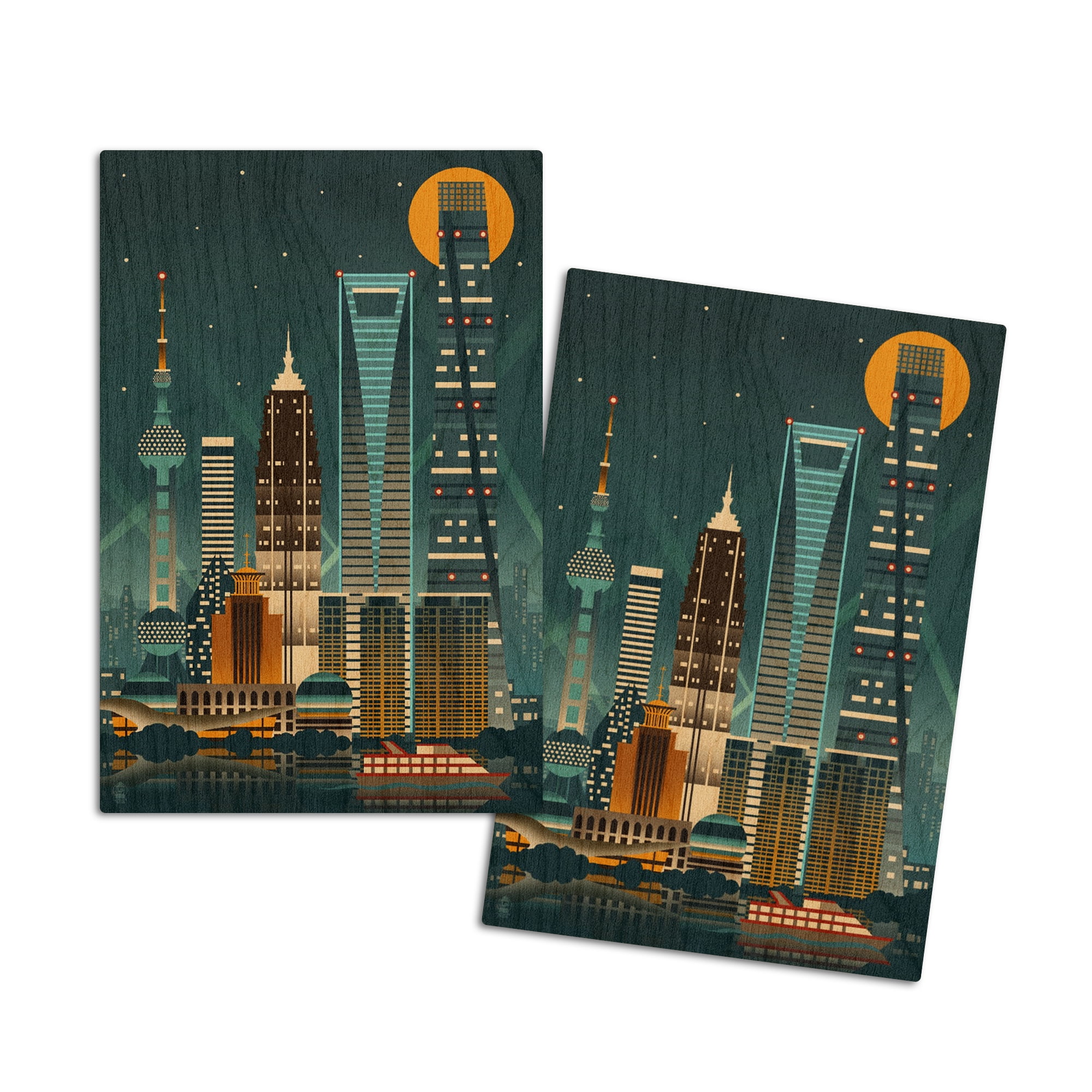 Shanghai, China, Retro Skyline (no text) (4x6 Birch Wood Postcards, 2 ...