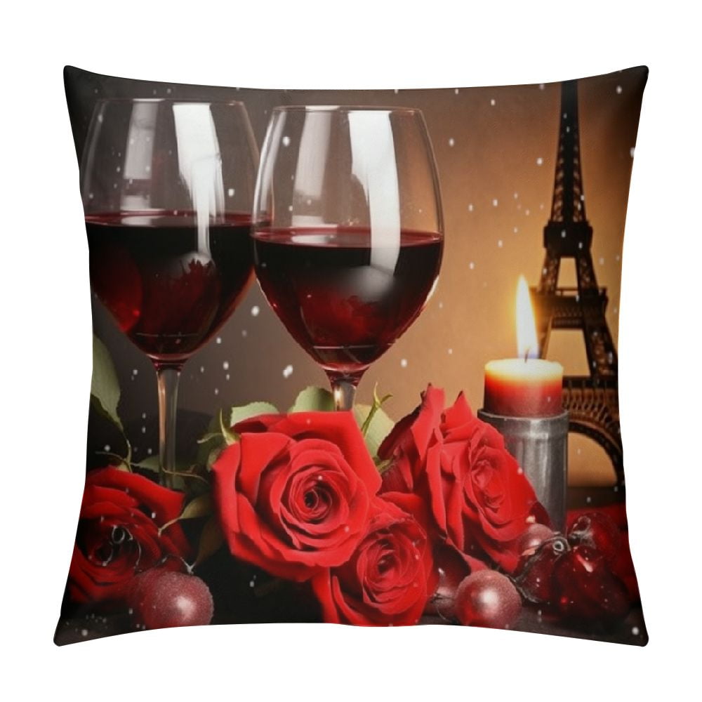 Shangniulu 3D Rose Wine Glass Pillow Covers 20x20 Girls Romantic Eiffel ...