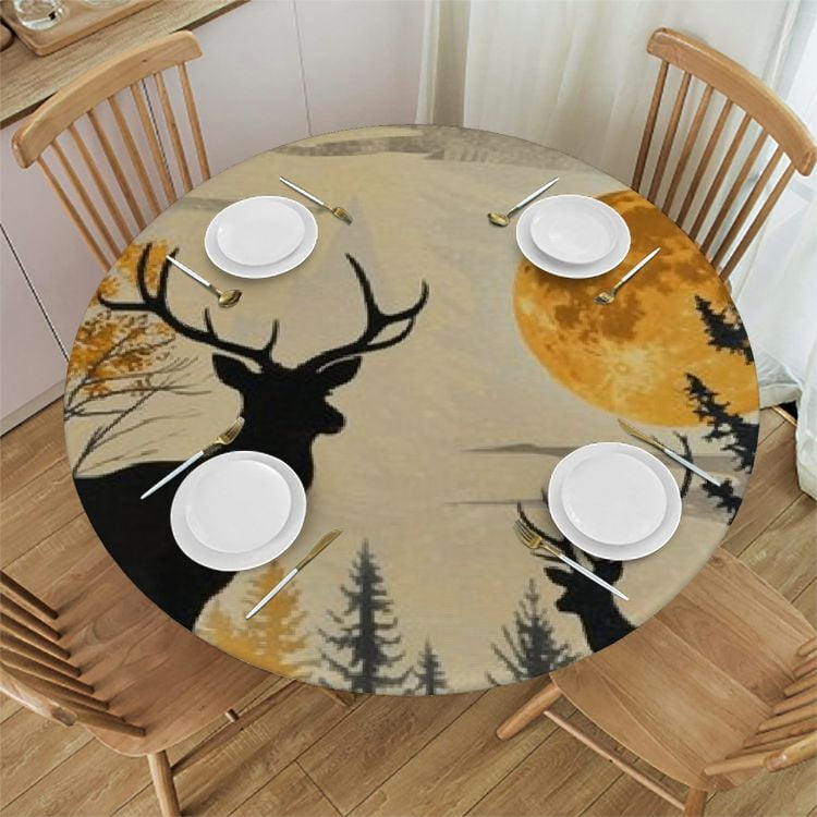 Shangniulu Autumn Deer Round Fitted Tablecloth with Elastic Edge, Fall ...