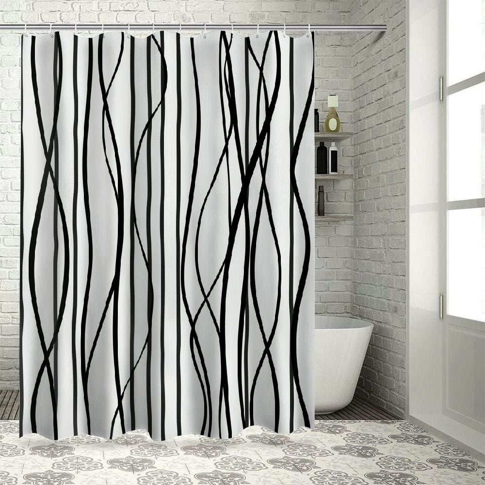 Shangniulu Black And White Striped Wavy Line Fabric Shower Curtain For