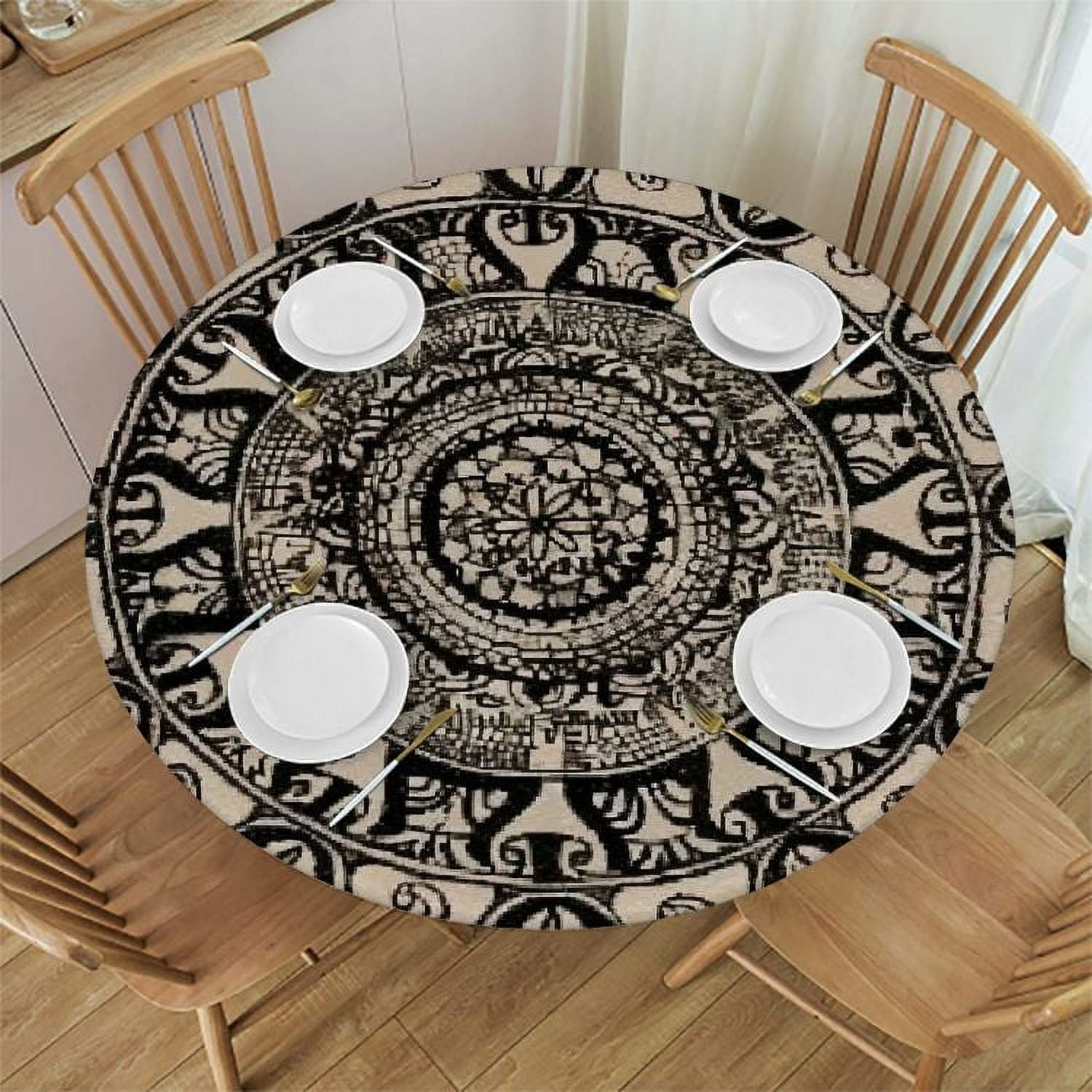 Shangniulu Brown Round Tablecloth with Elastic Edge, Abstract Round ...