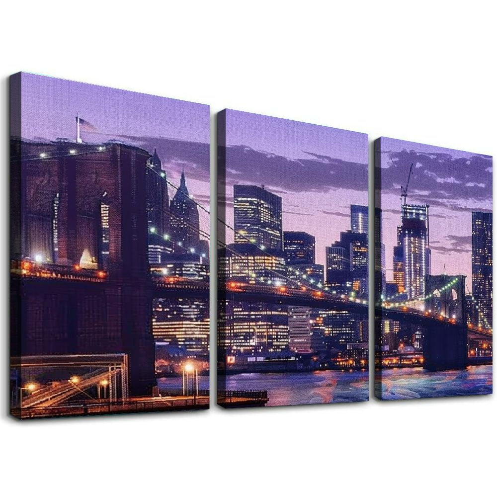 Shangniulu Canvas Print Wall Art New York City Pink Sunset Bridge ...