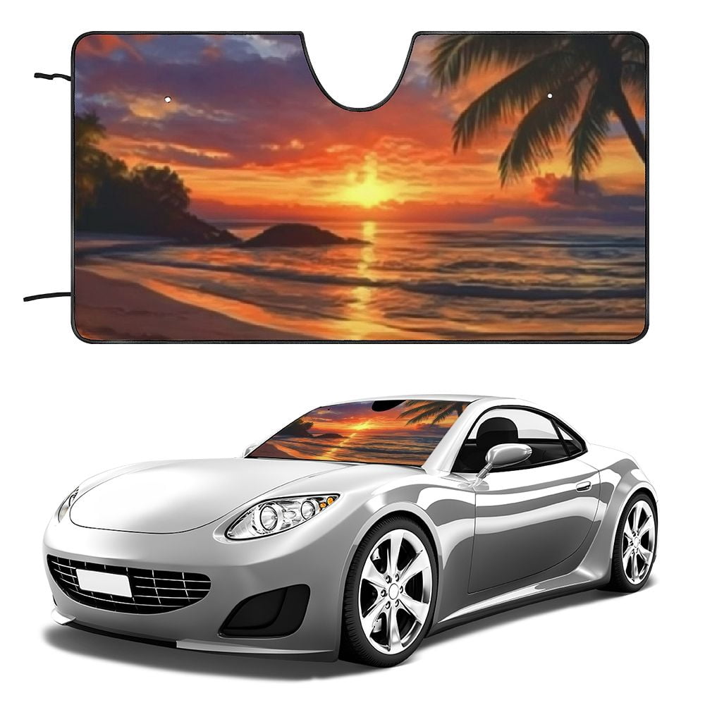 Shangniulu Car Windshield Sun Shade Tropical Beach Coastal Sunset Car ...