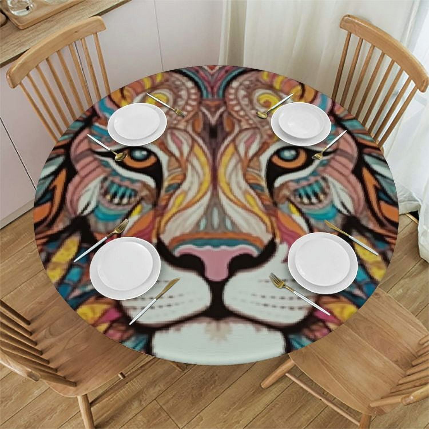 Shangniulu Colorful Lion Round Fitted Tablecloth with Elastic Edged ...