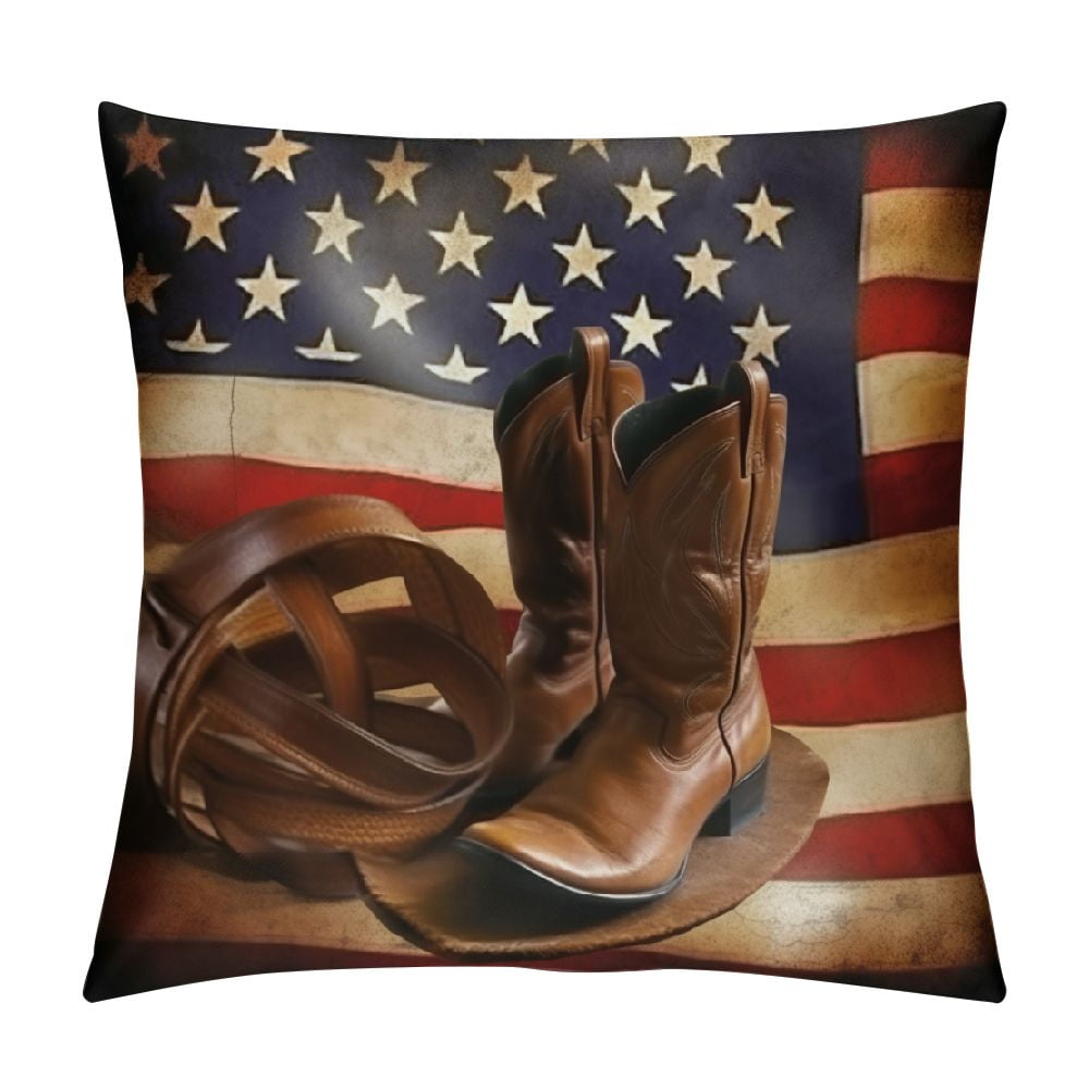 Shangniulu Cowboy Boots Hat Pillow Cover Retro American Flag Circle ...