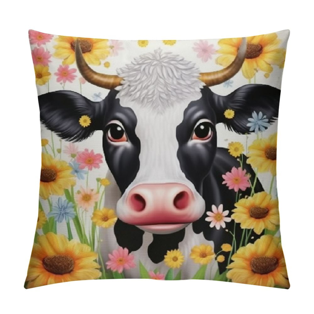 Shangniulu Cute Cow Pillow Cover Sunflower Daisy Cherry Blossom Flower ...