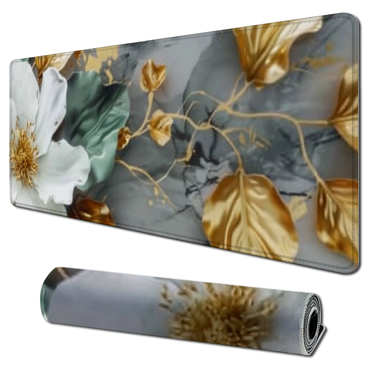 Shangniulu Desk Mat,White Gold Marble Desk Pad,White Flowers Golden ...