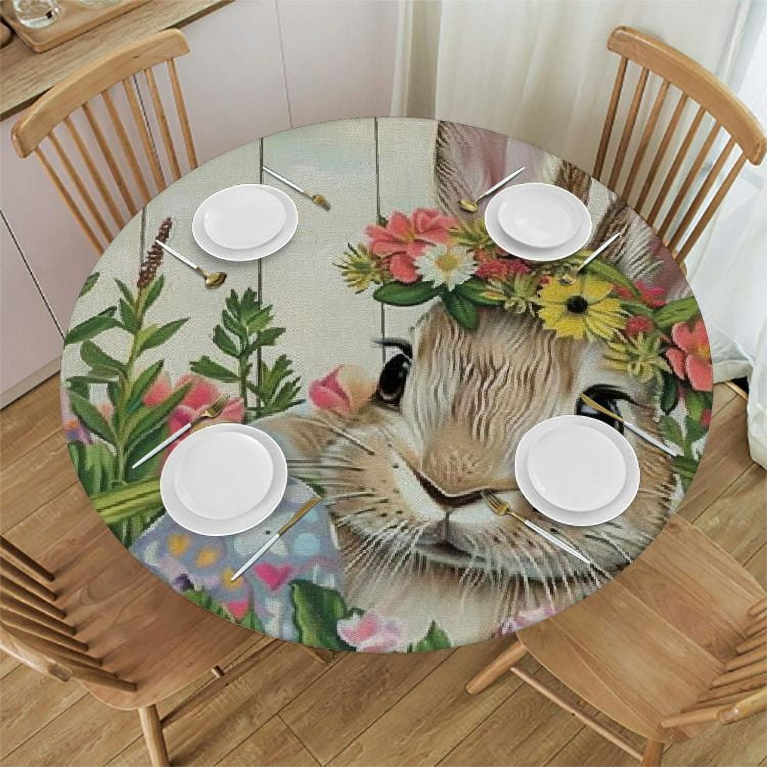 Shangniulu Easter Round Table Covers with Elastic Farm Egg Bunny Leaves ...