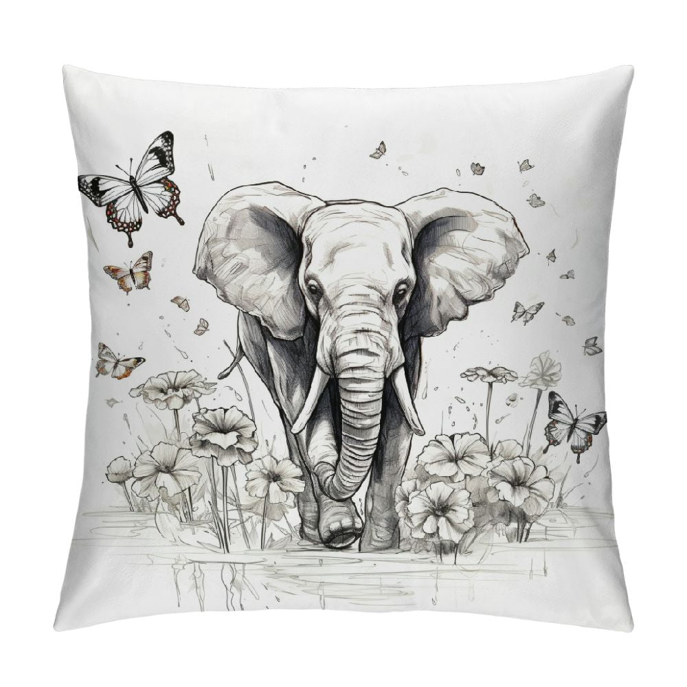 Shangniulu Elephant black and white flower butterfly pillowcase, animal ...