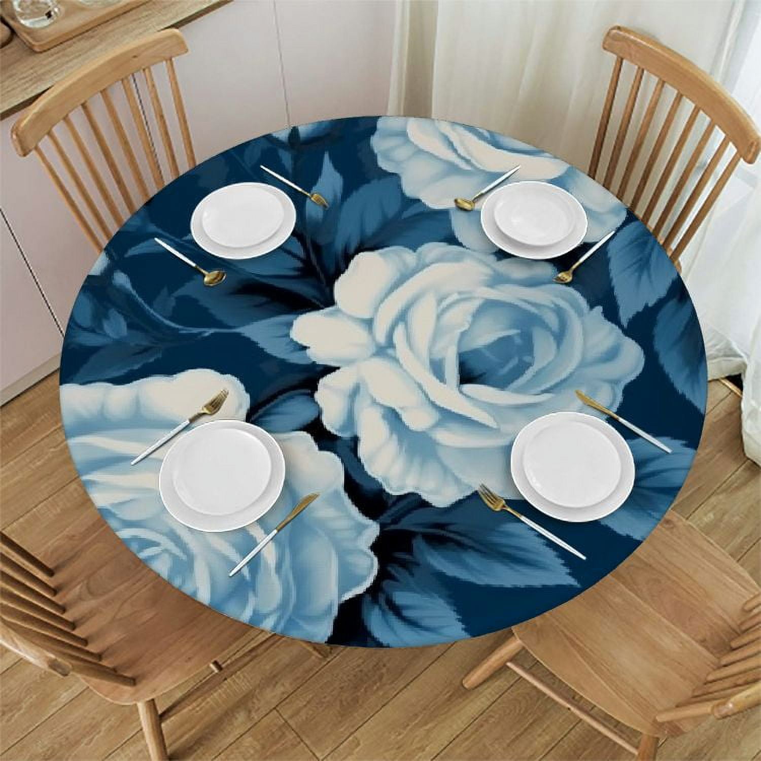 Shangniulu Fitted Round Tablecloth Blue Flowers,Watercolor Roses Peony ...