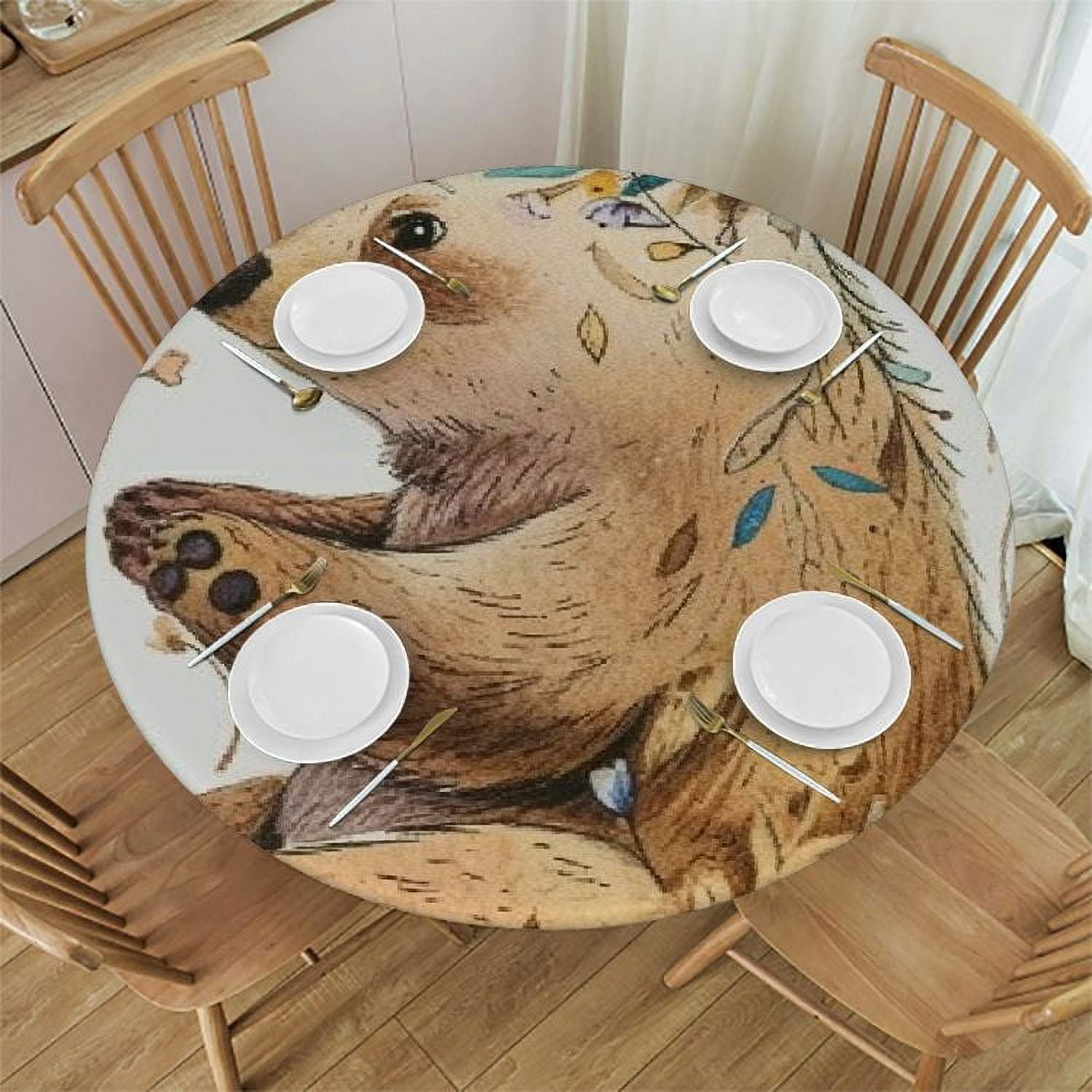 Shangniulu Fitted Round Tablecloth Bohemian Bear,Bear Boho Cartoon ...
