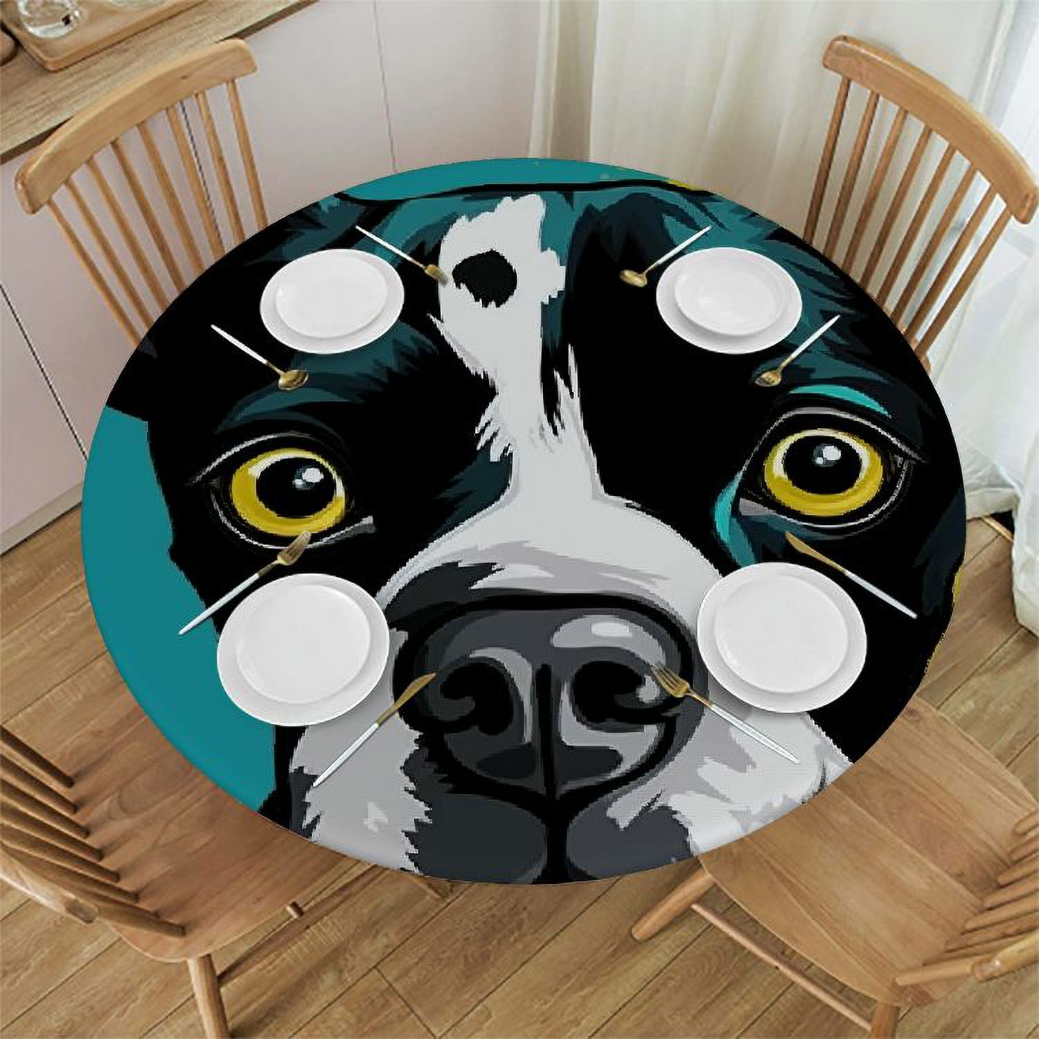 Shangniulu Fitted Round Tablecloth Boston Terrier,Kawaii Black Dog Cute ...