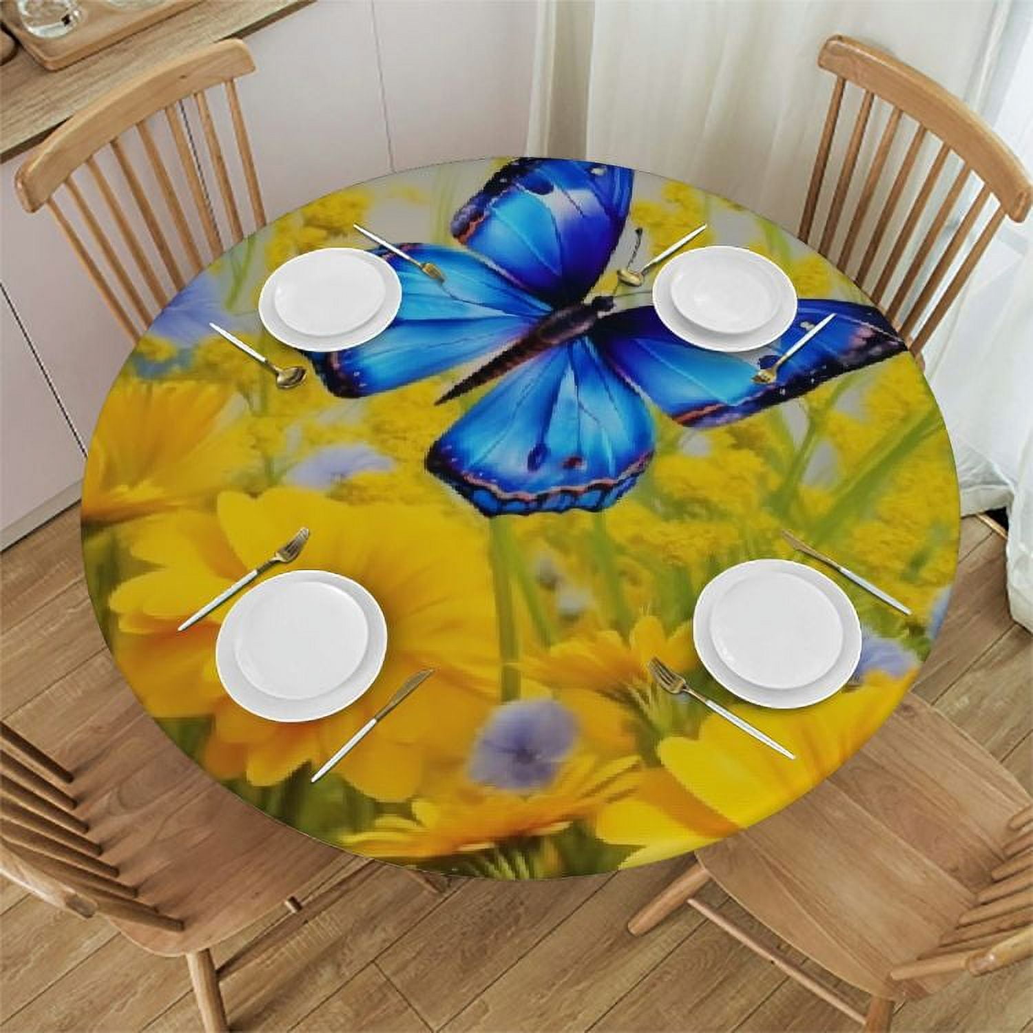 Shangniulu Fitted Round Tablecloth with Elastic Edge Wipe Clean Spring ...