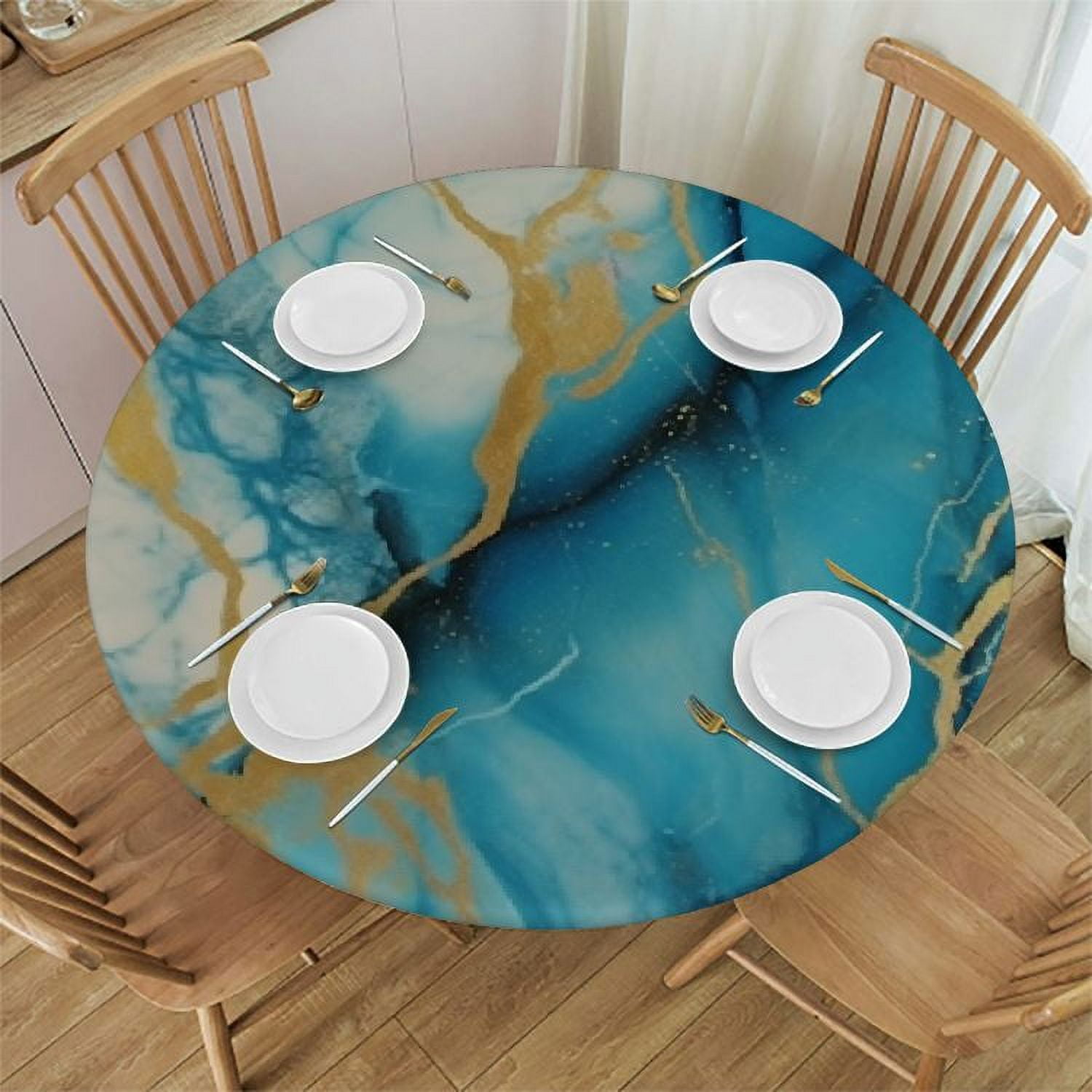 Shangniulu Fitted Round Tablecloth with Elastic Edge Wipe Clean Teal ...